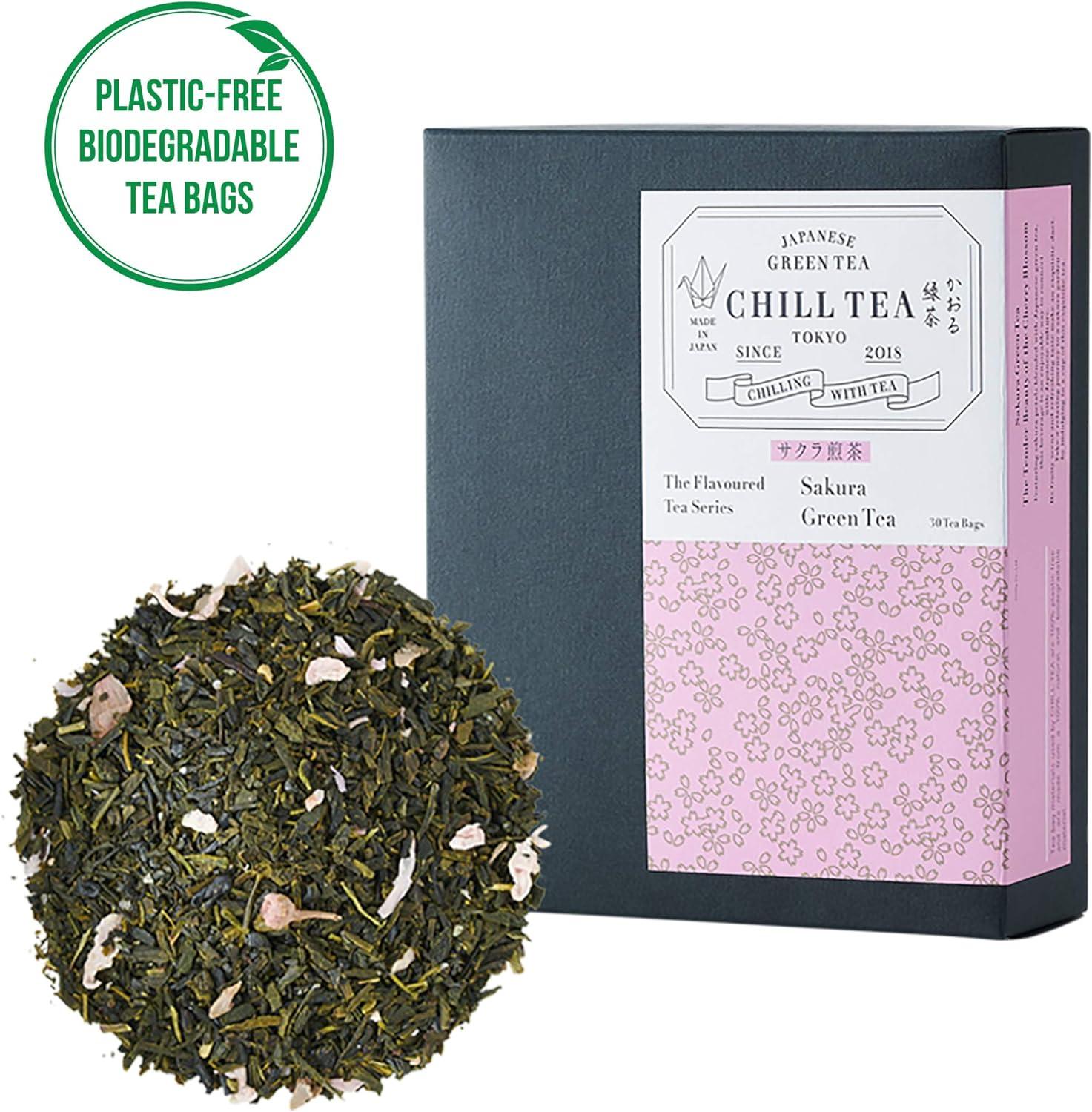 Sakura Green Tea (30 Tea Bags) - Cherry Blossom Tea by CHILL TEA Tokyo - Plastic-Free Plant ...
