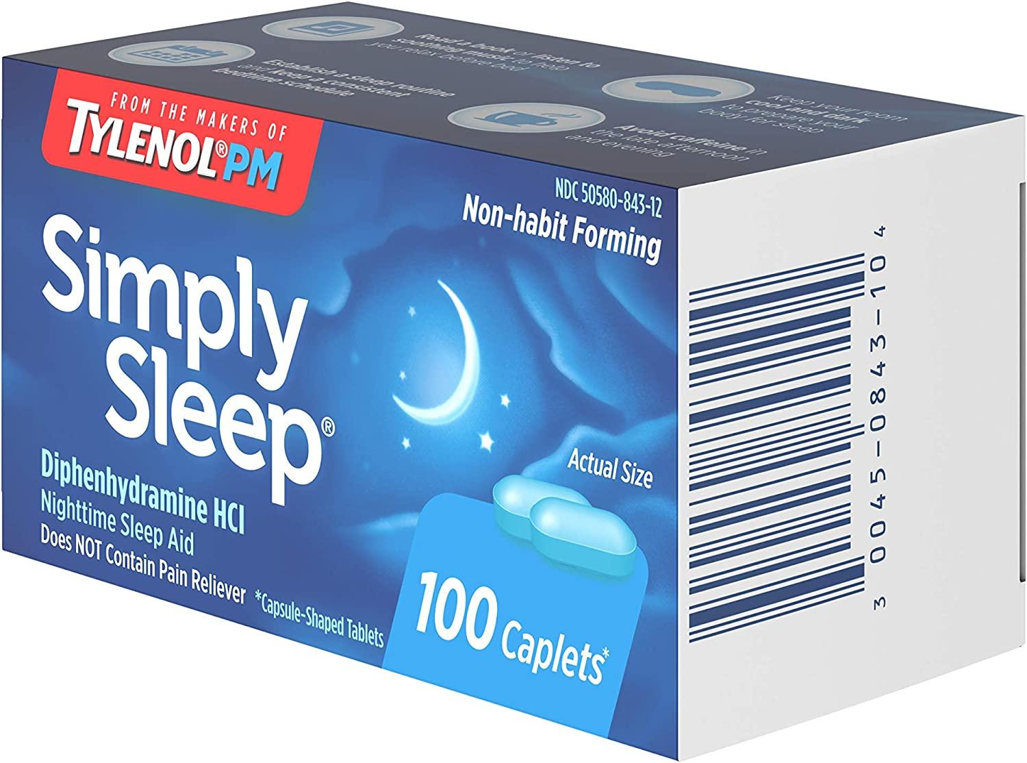 Tylenol Simply Sleep Nighttime Sleep Aid 25 mg Caplets 100-Count Pack ...