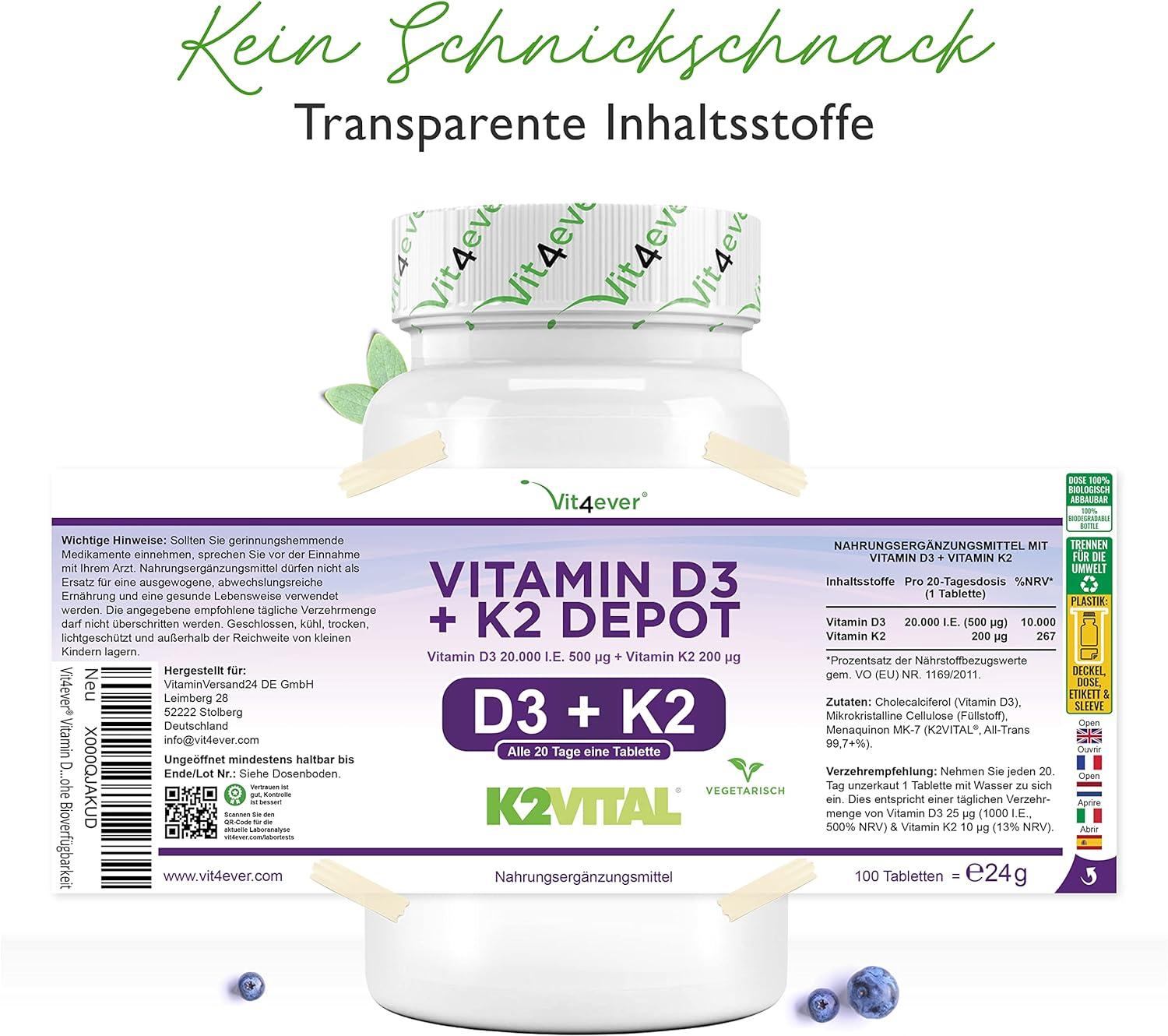 Buy Premium Vitamin D3 20 000 IU + K2 200 mcg MK7 - 100 Tablets - High ...