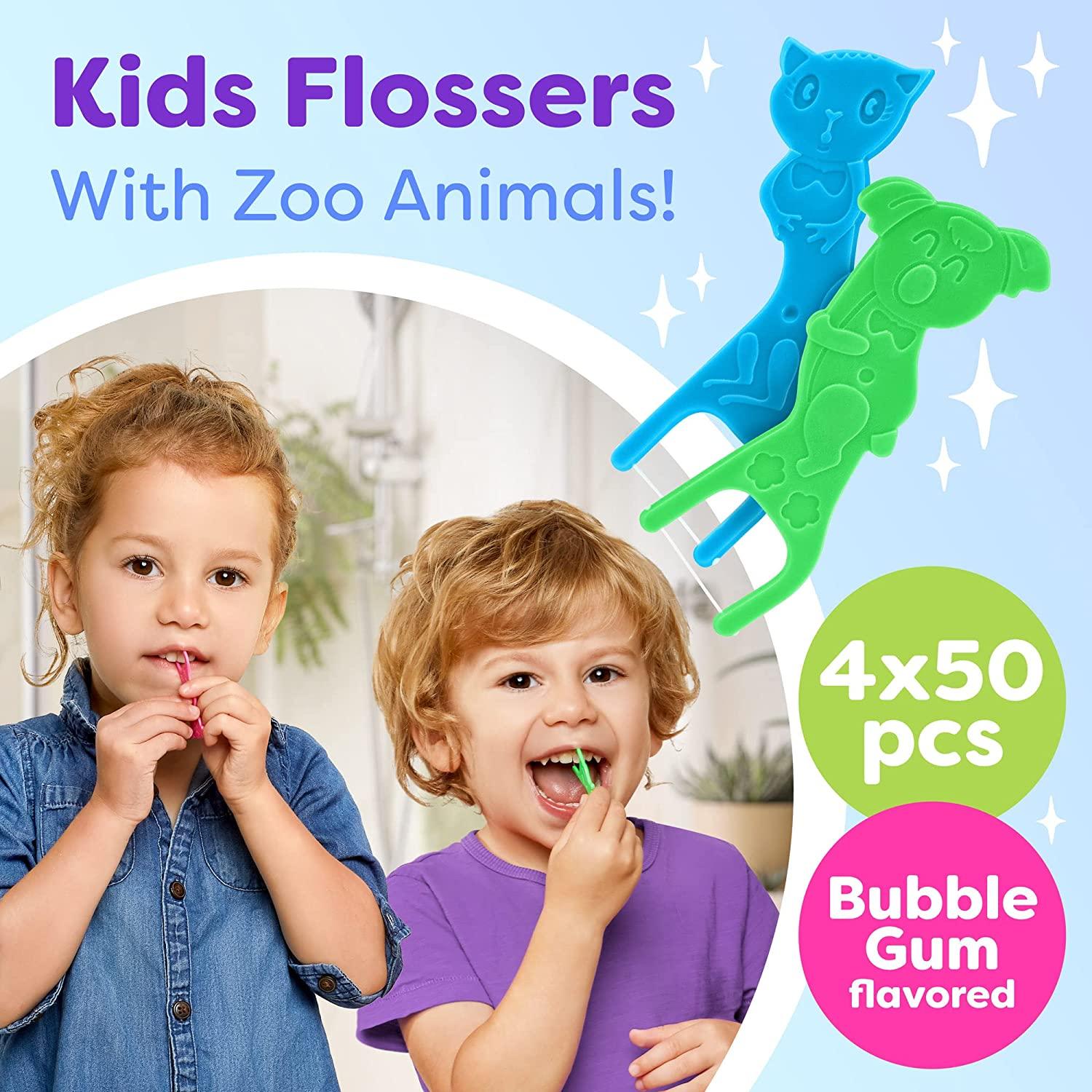 Kids Flossers 4 Pack (200 Total) - Cute Animal Shapes - Glides Easy ...