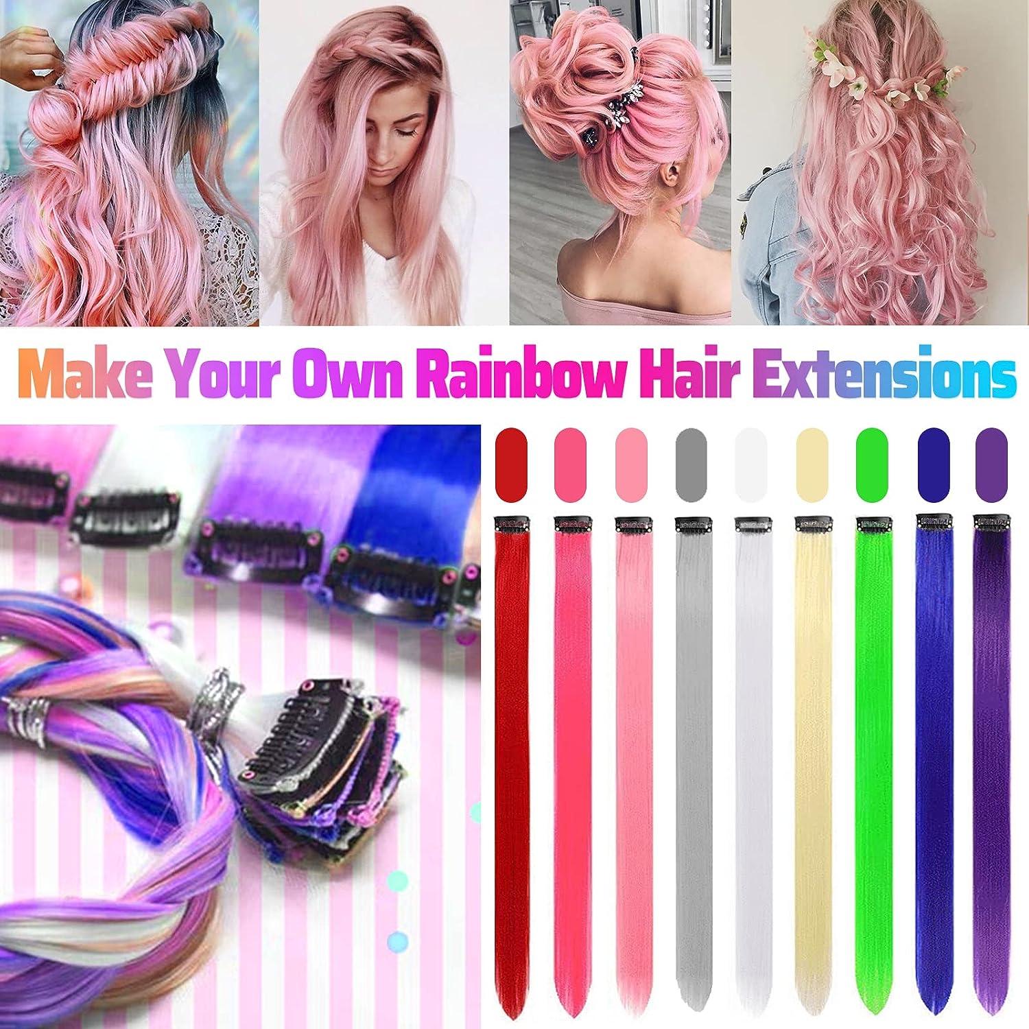Pink Clip in Hair Extensions for Kids - 12 PCS 22 inch Colored Party ...