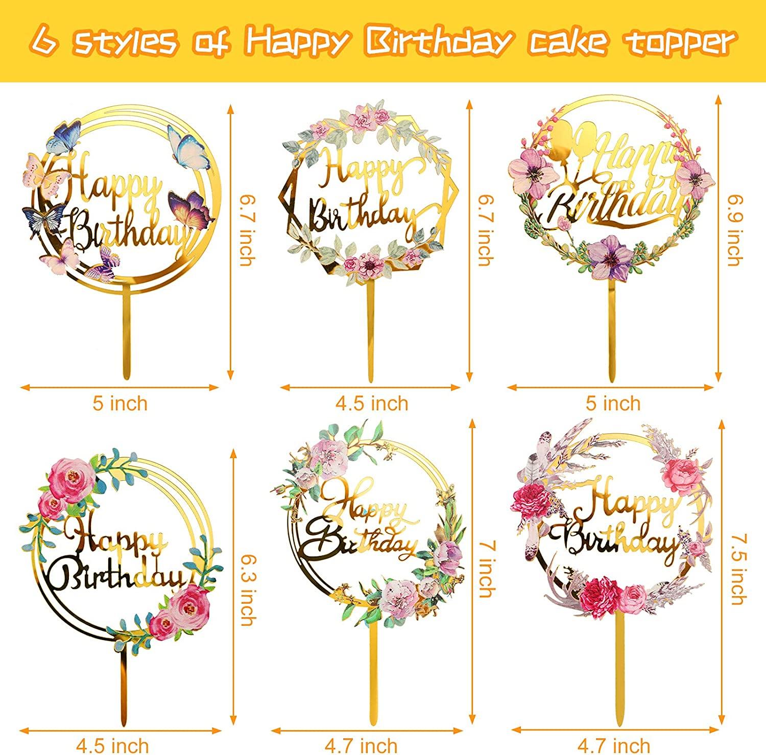 Happy Birthday Cake Toppers - Gold Flower Acrylic - Set of 6 - Ideal ...
