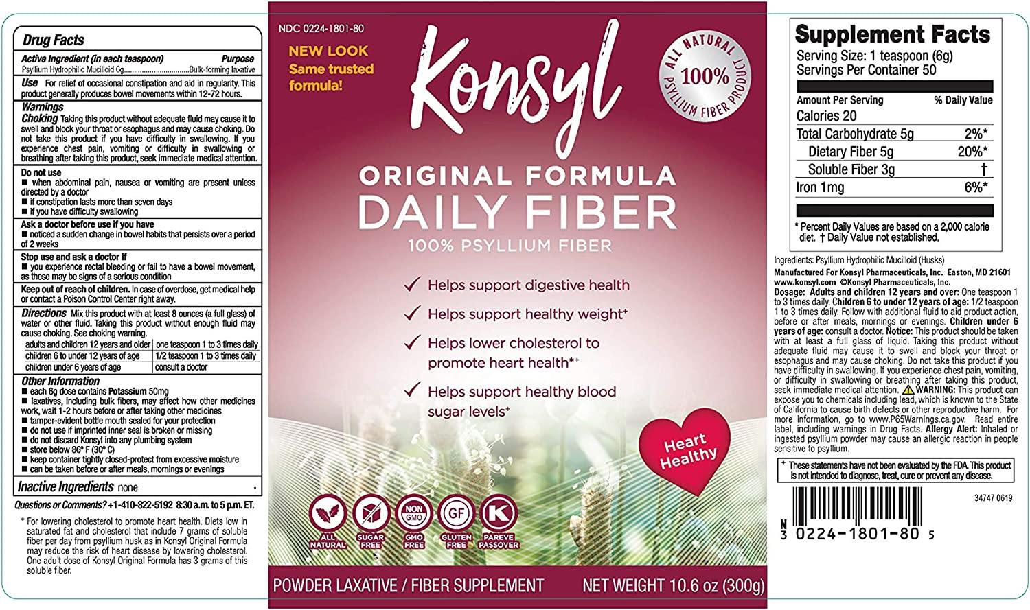 KONSYL PHARMACEUTICALS Original Formula 100% Psyllium Fiber 10.6oz ...