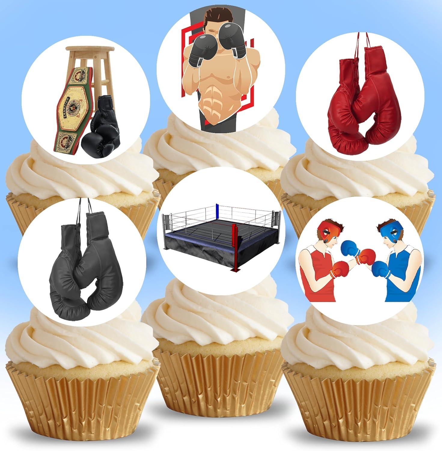 24 x Pre-Cut Boxing 3 Edible Stand up Wafer Paper Cupcake Toppers Cake ...