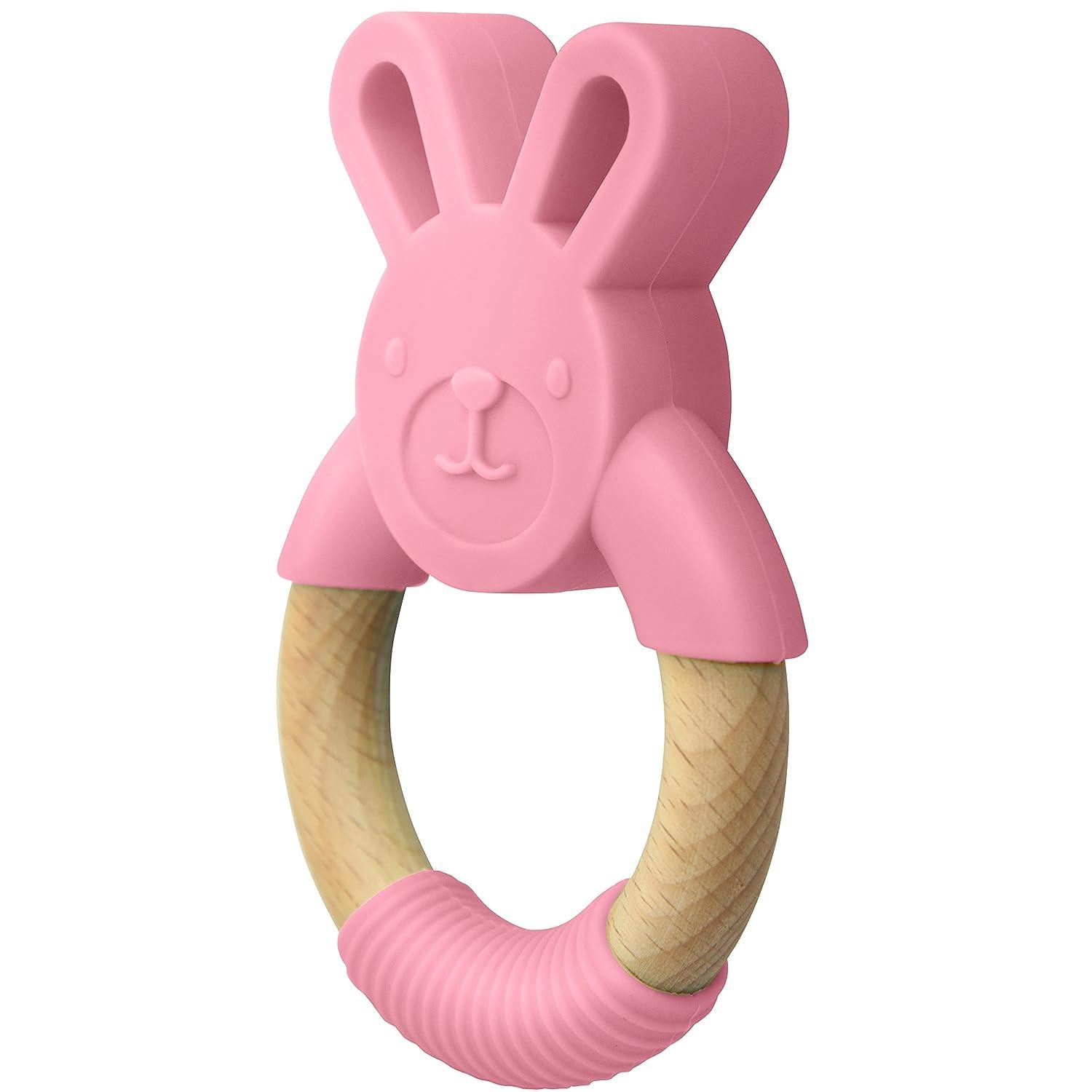 Organic Bunny Rabbit Baby Teether Ring | BPA Free Silicone & Wood Toy ...