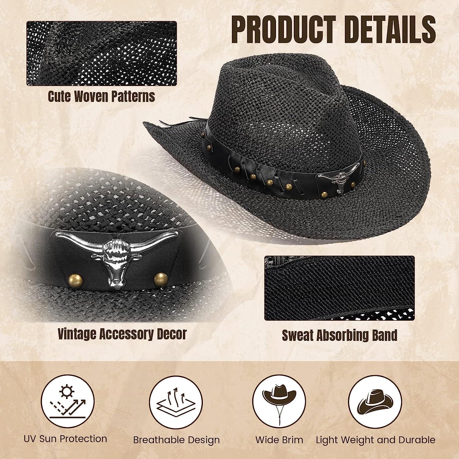 Simplicity Western Style Cowboy Straw Hat with Black Bull Band | Buy ...