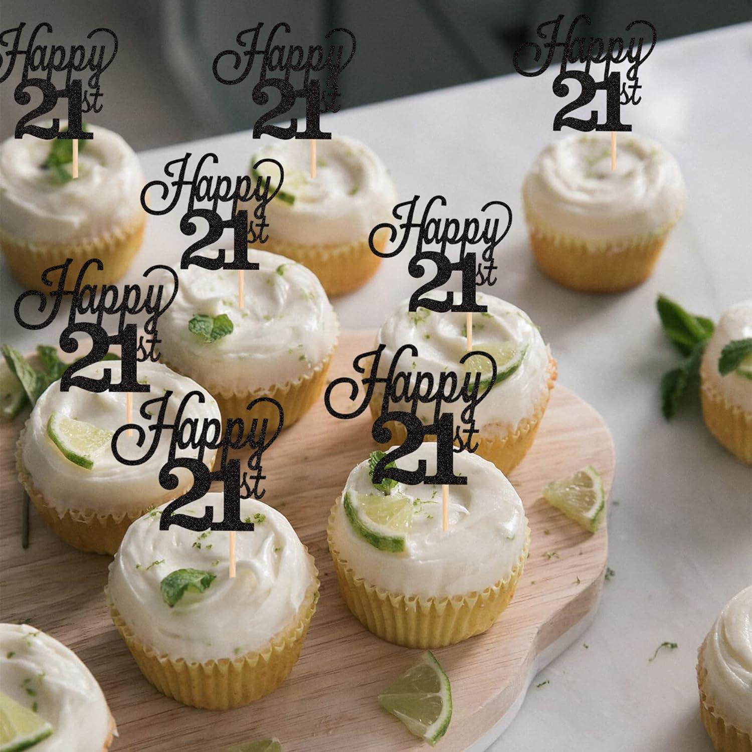 Pack of 24 21 Cupcake Toppers Glitter Happy 21st Birthday Cake Toppers ...