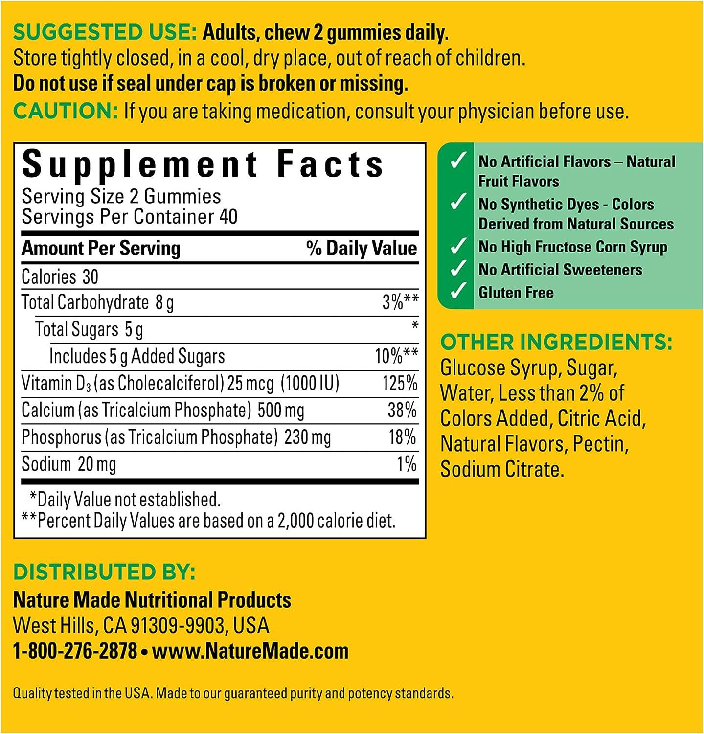Nature Made Calcium Gummies 500mg with Vitamin D3 | 80 Gummies, 40 Day ...