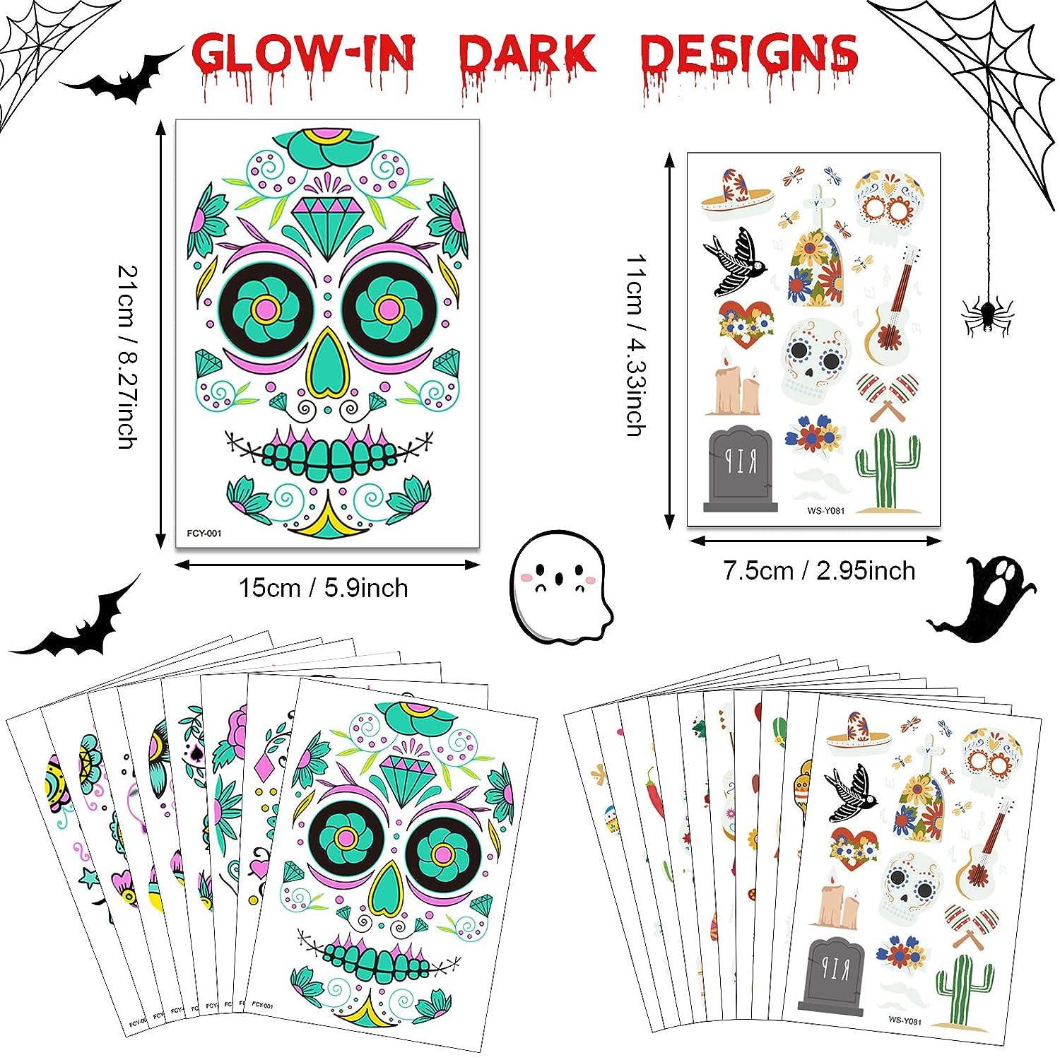 Halloween Glow in the Dark Face Tattoos - 18 Luminous Waterproof Sugar ...