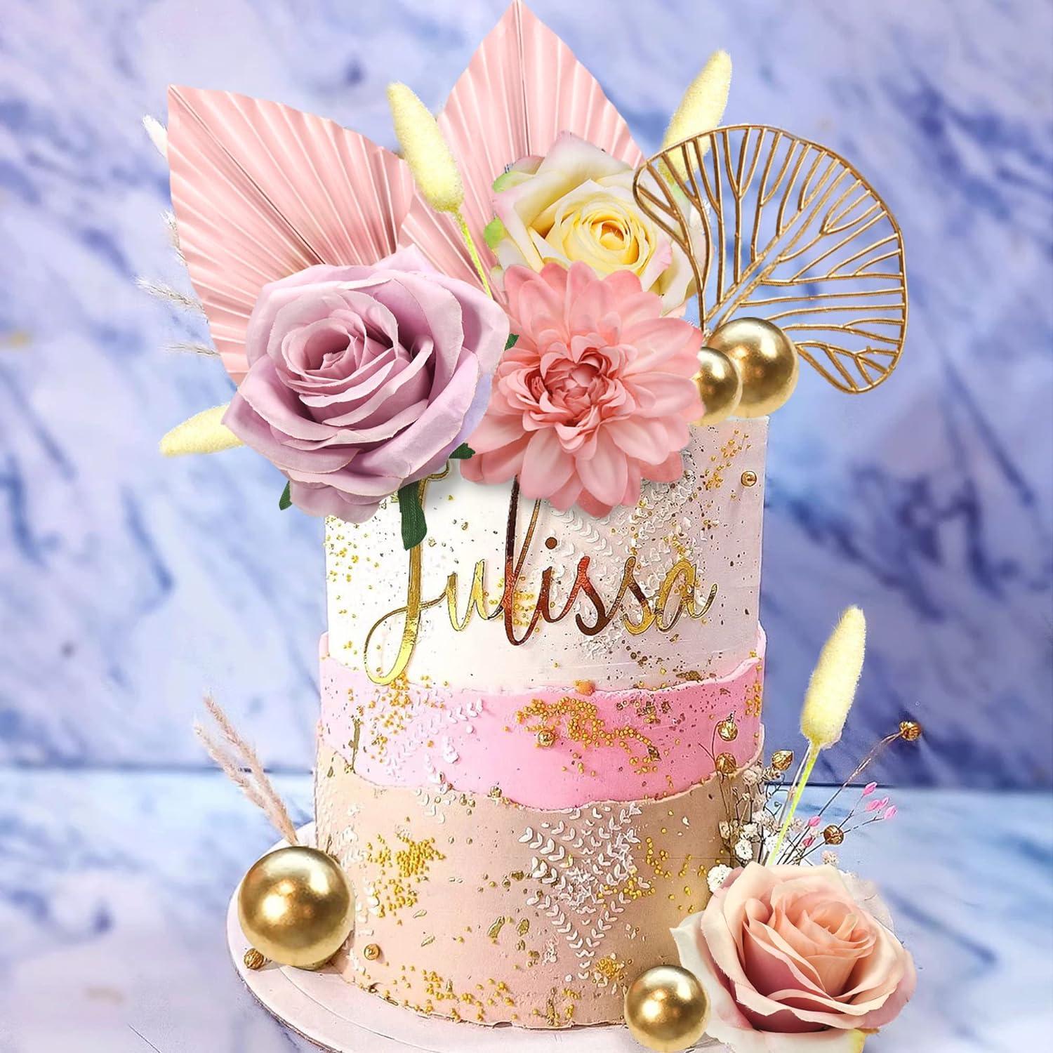 Boho Cake Topper Flower Cake Topper with Rose Ginkgo Leaves and Balls ...