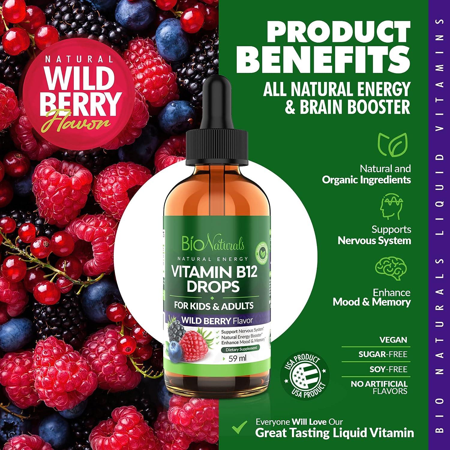 Bio Naturals Vitamin B12 Liquid Drops for Adults & Kids - 100% Natural ...