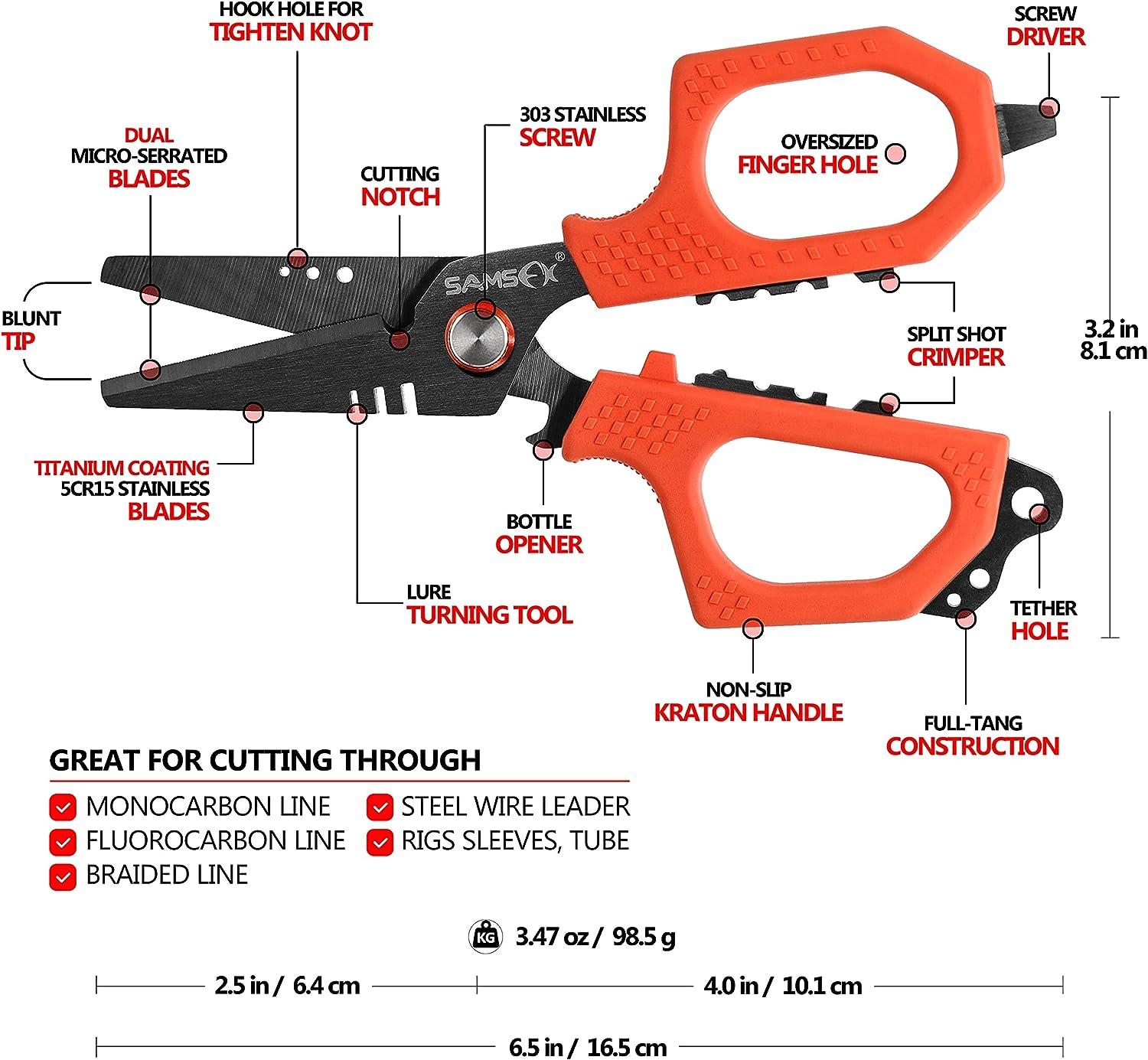 SAMSFX Fishing Braid Line Scissors Shears - Titanium Coated Dual-Serrated Blade, Orange Kraton ...
