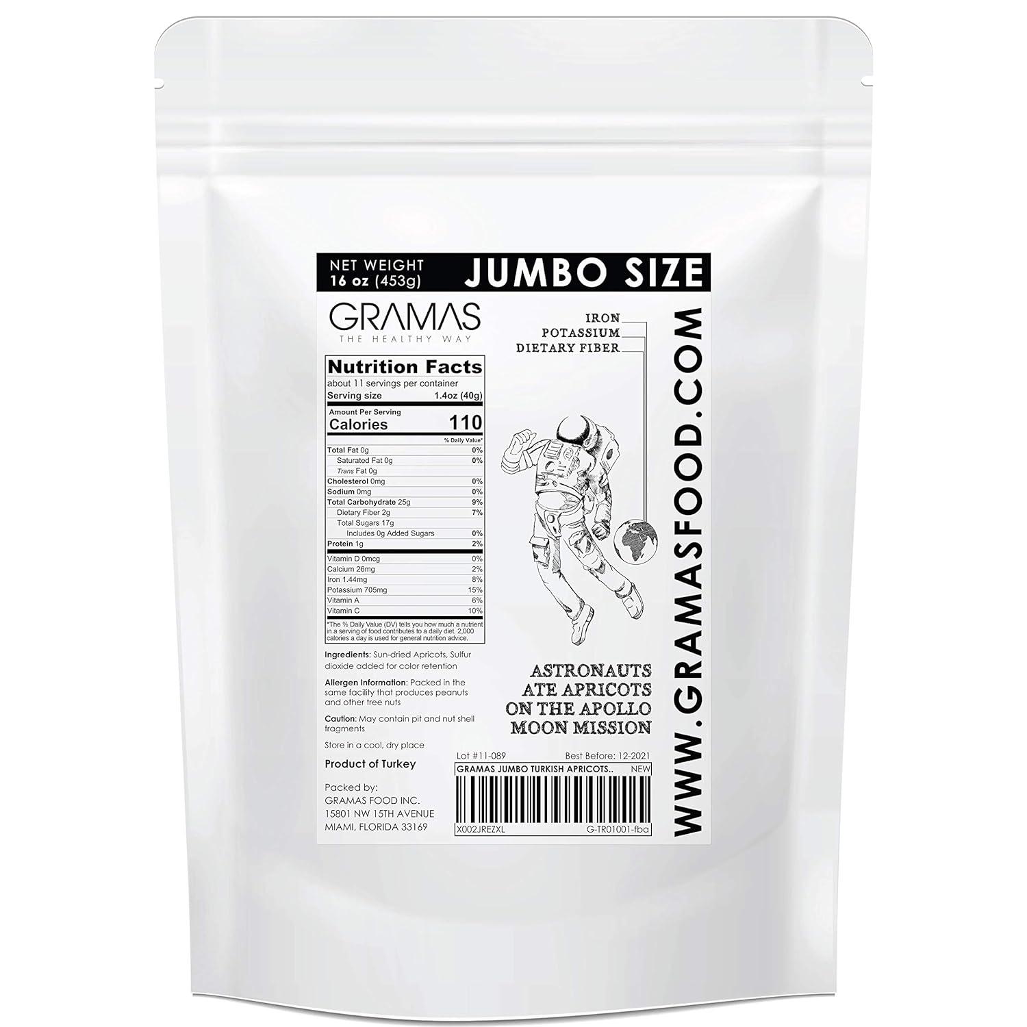 Gramas Jumbo Turkish Apricots - Resealable 1 lb Bag | Vegan, Gluten ...