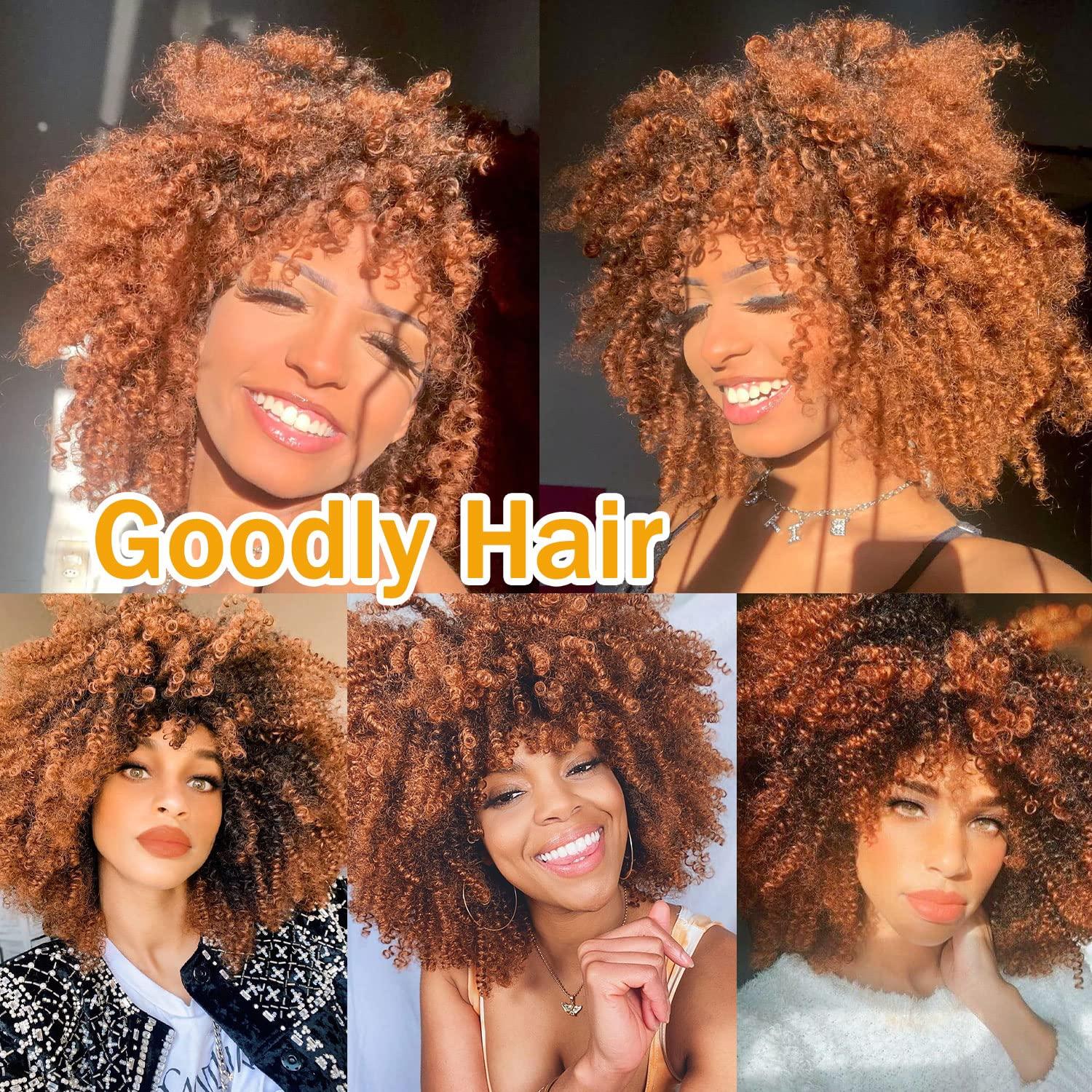 Goodly Hair 14 Short Kinky Curly Afro Wig with Bangs for Black Women ...