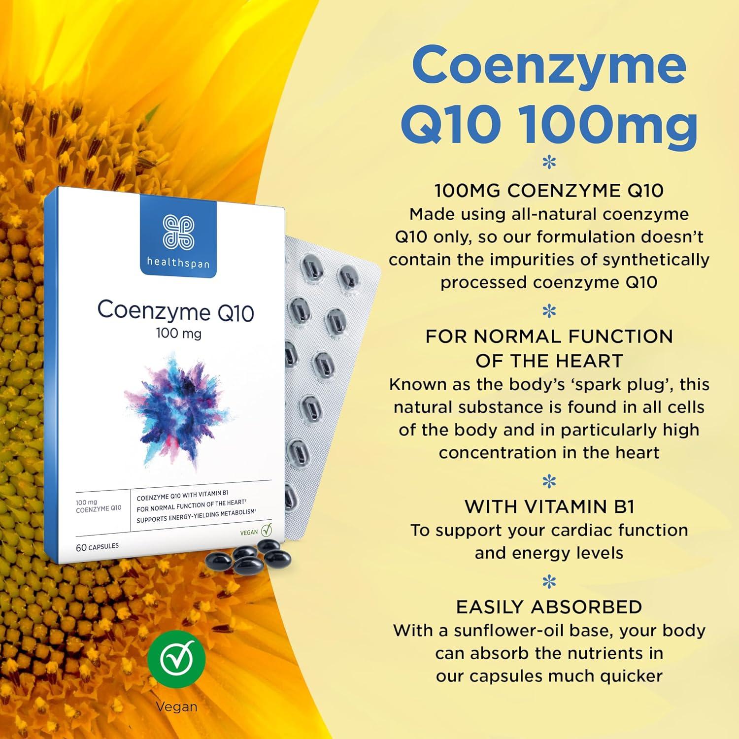 Healthspan Coenzyme Q10 100mg | Heart Health & Energy Support | Vitamin B1 | Vegan | 60 Capsules