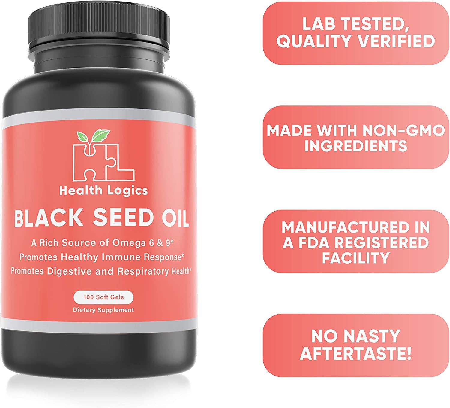 Health Logics Black Seed Oil - Cold Pressed, Omega 6 & 9, 100 Soft Gel ...