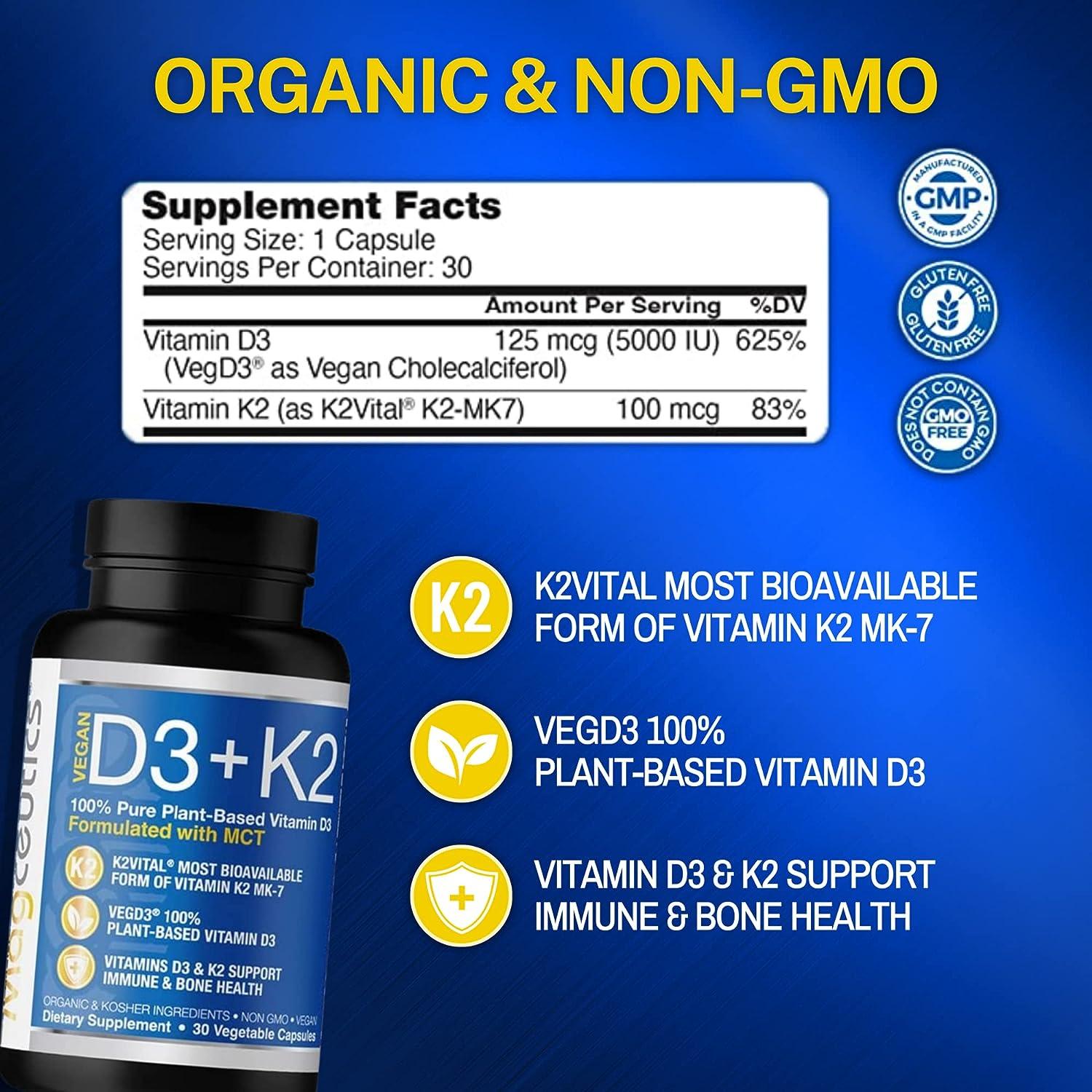Magceutics Vegan Vitamin D3+K2 5000iu Capsules | Plant-Based, Non-GMO ...