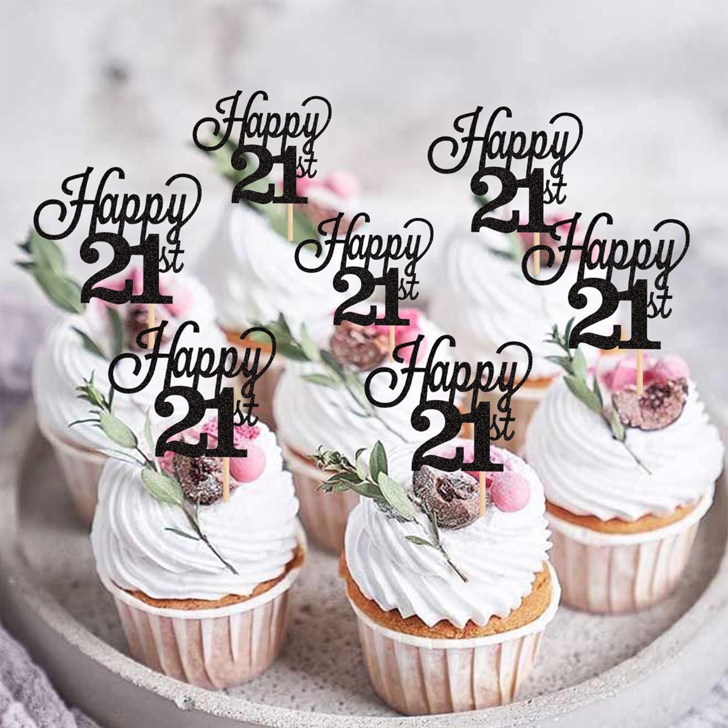 Pack of 24 21 Cupcake Toppers Glitter Happy 21st Birthday Cake Toppers ...