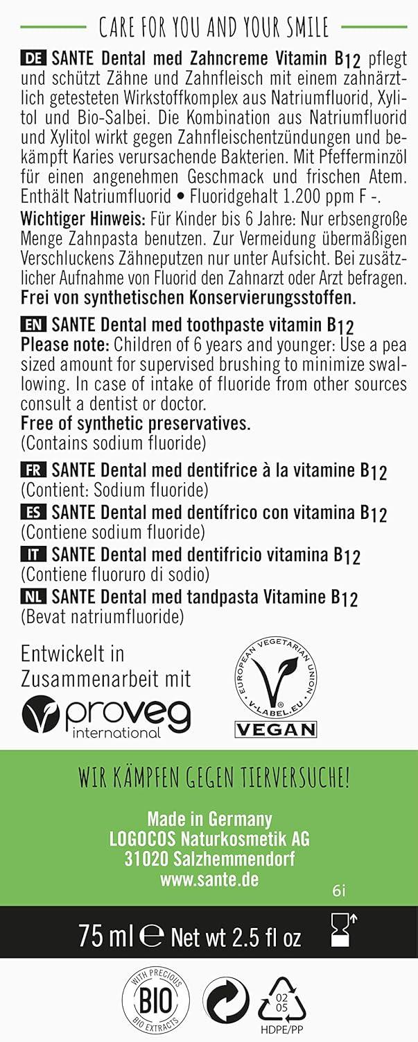 Sante Naturkosmetik Dental Med Toothpaste Vitamin B12 - Protects Teeth ...