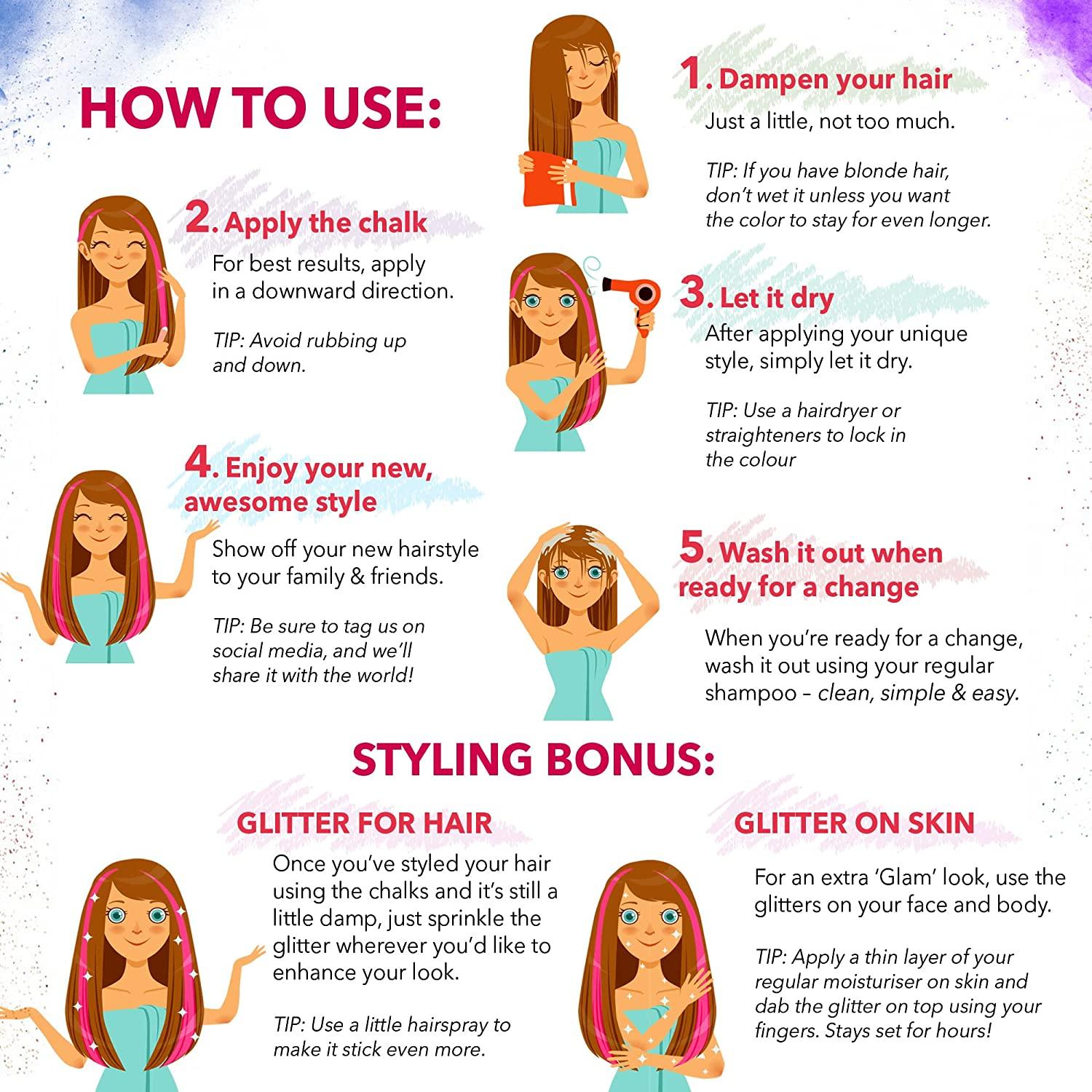 HueLondon Hair Chalk Set for Girls with Glitter - Temporary Hair Color ...