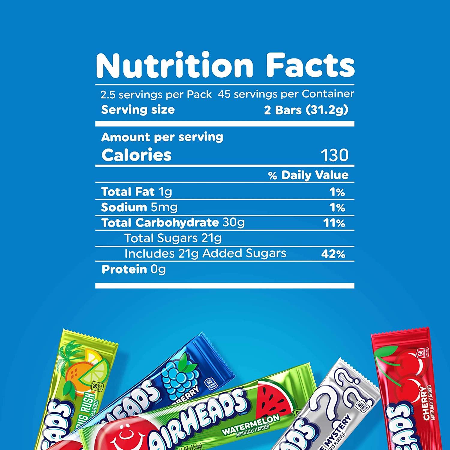Airheads Candy Assorted Flavors, 5 Full Size Bars per Pack, Box of 18 ...