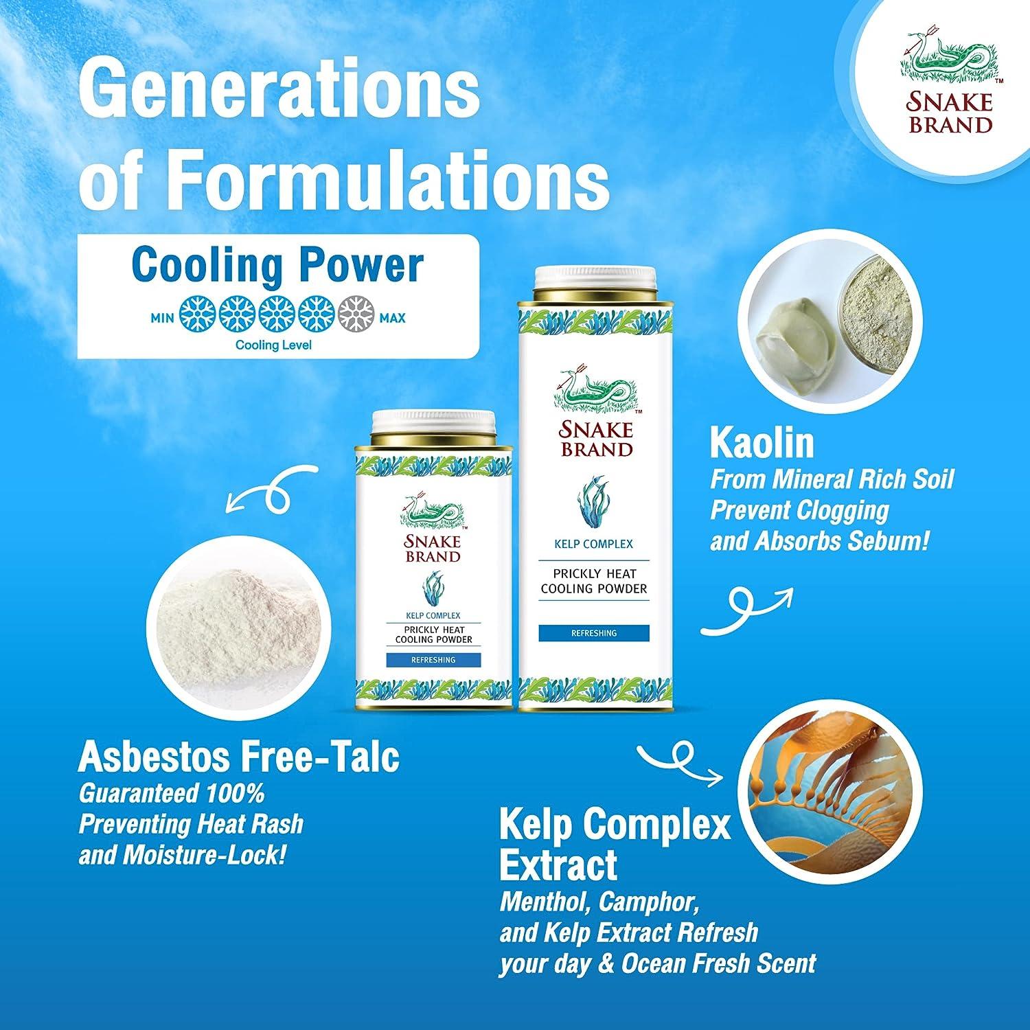 Snake Brand Prickly Heat Cooling Powder with Ocean Kelp Scent - 4.9 Oz ...