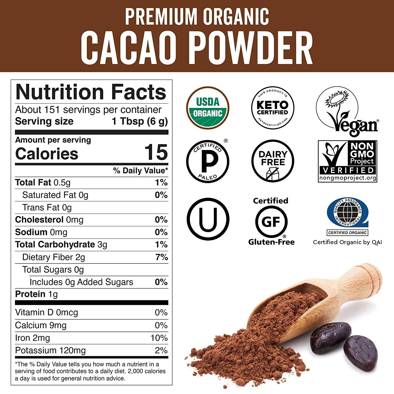 Organic Unsweetened Cacao Powder 907g - Rich Dark Chocolate Flavor for ...
