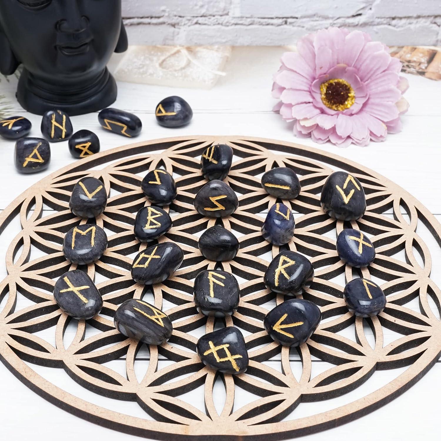 Blue Jade Elder Futhark Alphabet Engraved Gemstone Rune Set - 25 pcs ...