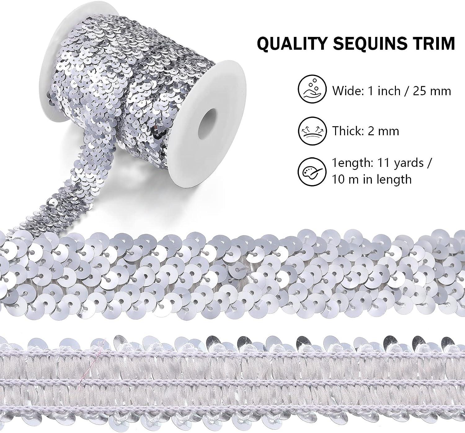 11 Yard 1 Inch Silver Elastic Sequins Trim - 3 Row Glitter Sequin Bling ...