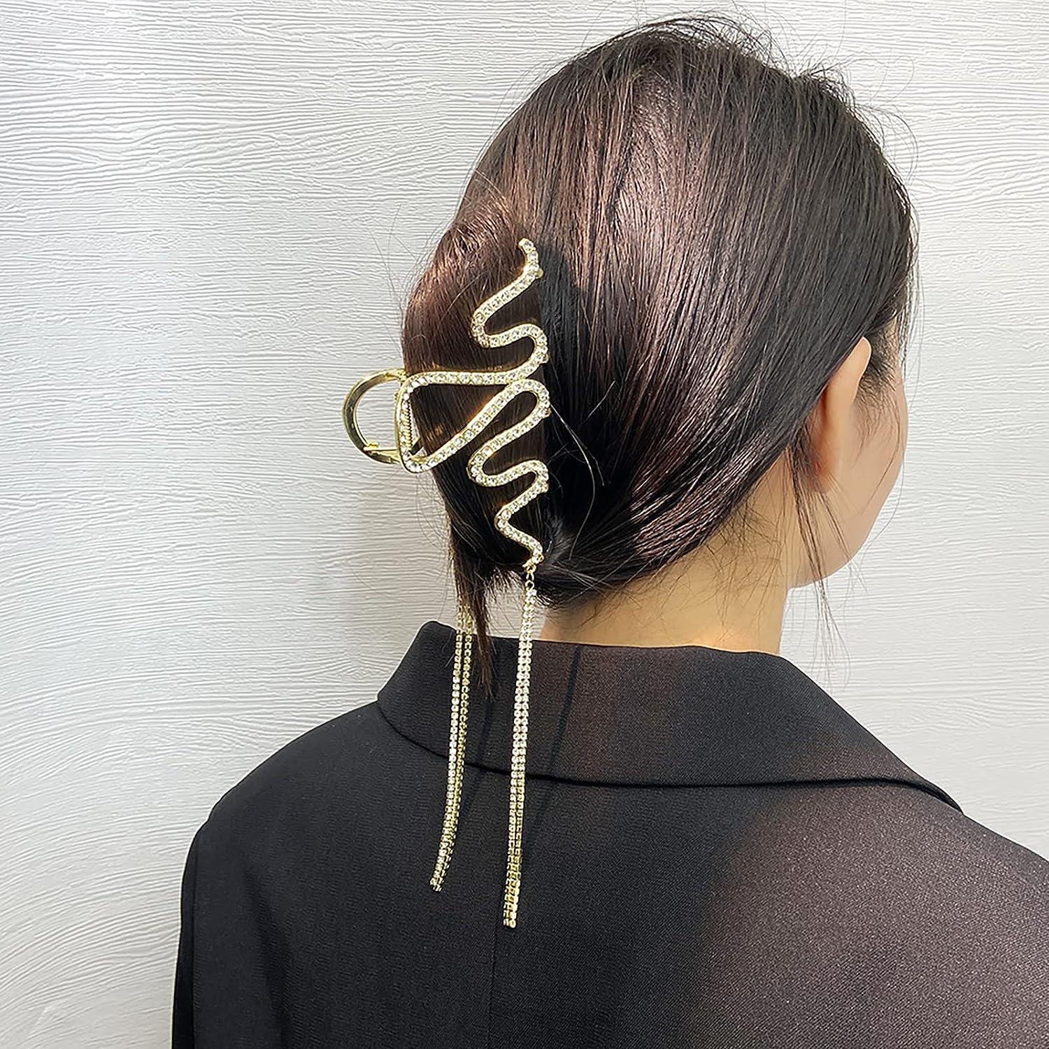 Bedazzled Sparkle Claw Clip with Dangling Chain - Fancy Gold Hair Clip ...