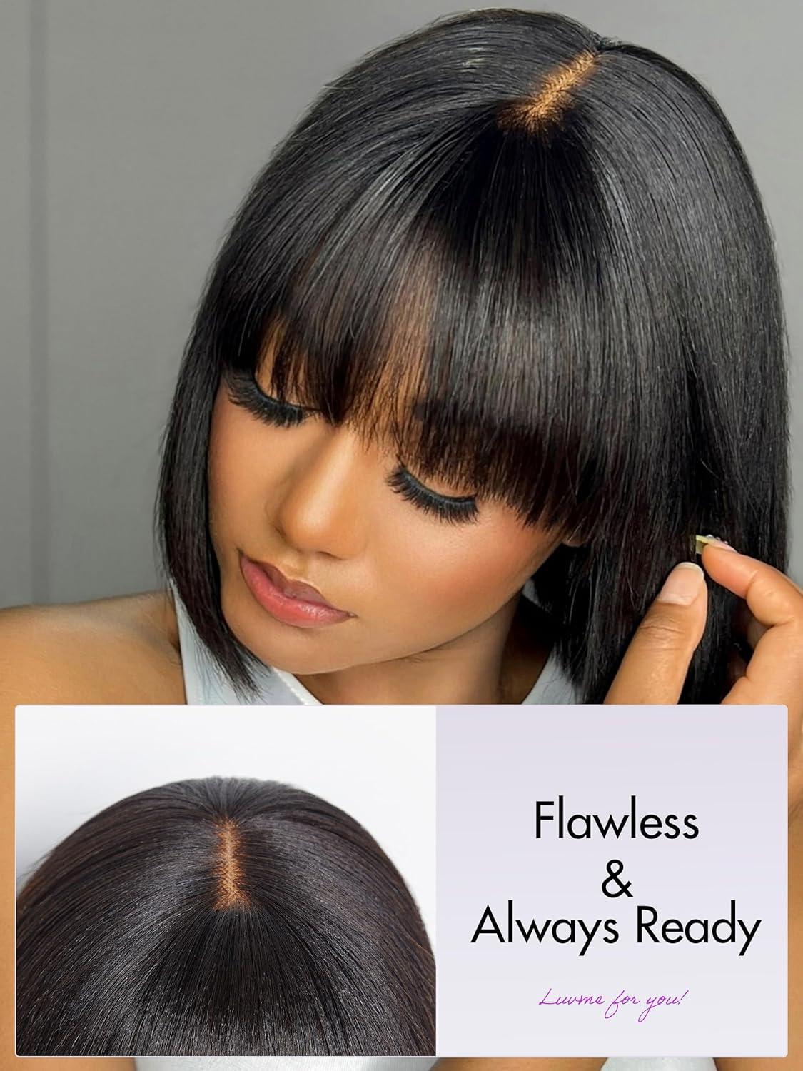 LUVME HAIR 10 Inch Light Yaki Bob Wig with Bangs | Realistic HD Lace Black Bob Wigs | Glueless ...
