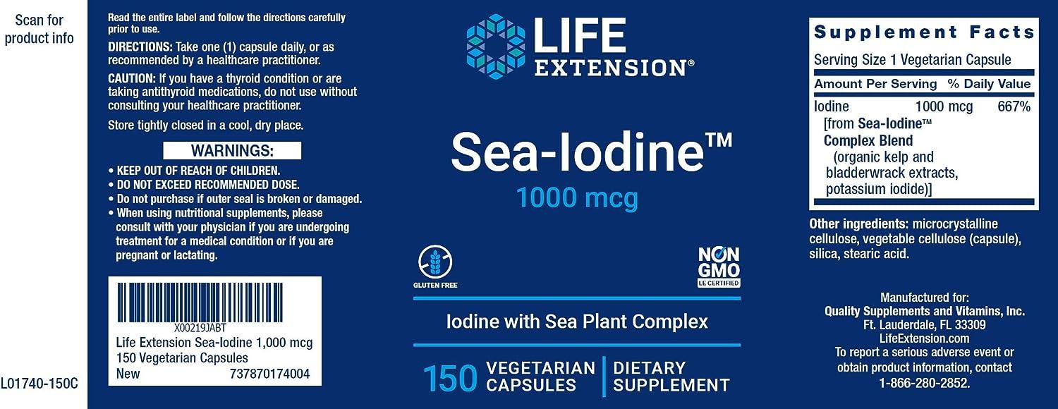 Life Extension Sea Iodine 1000 mcg 150 Veg Caps - Pack of 2 | Natural ...