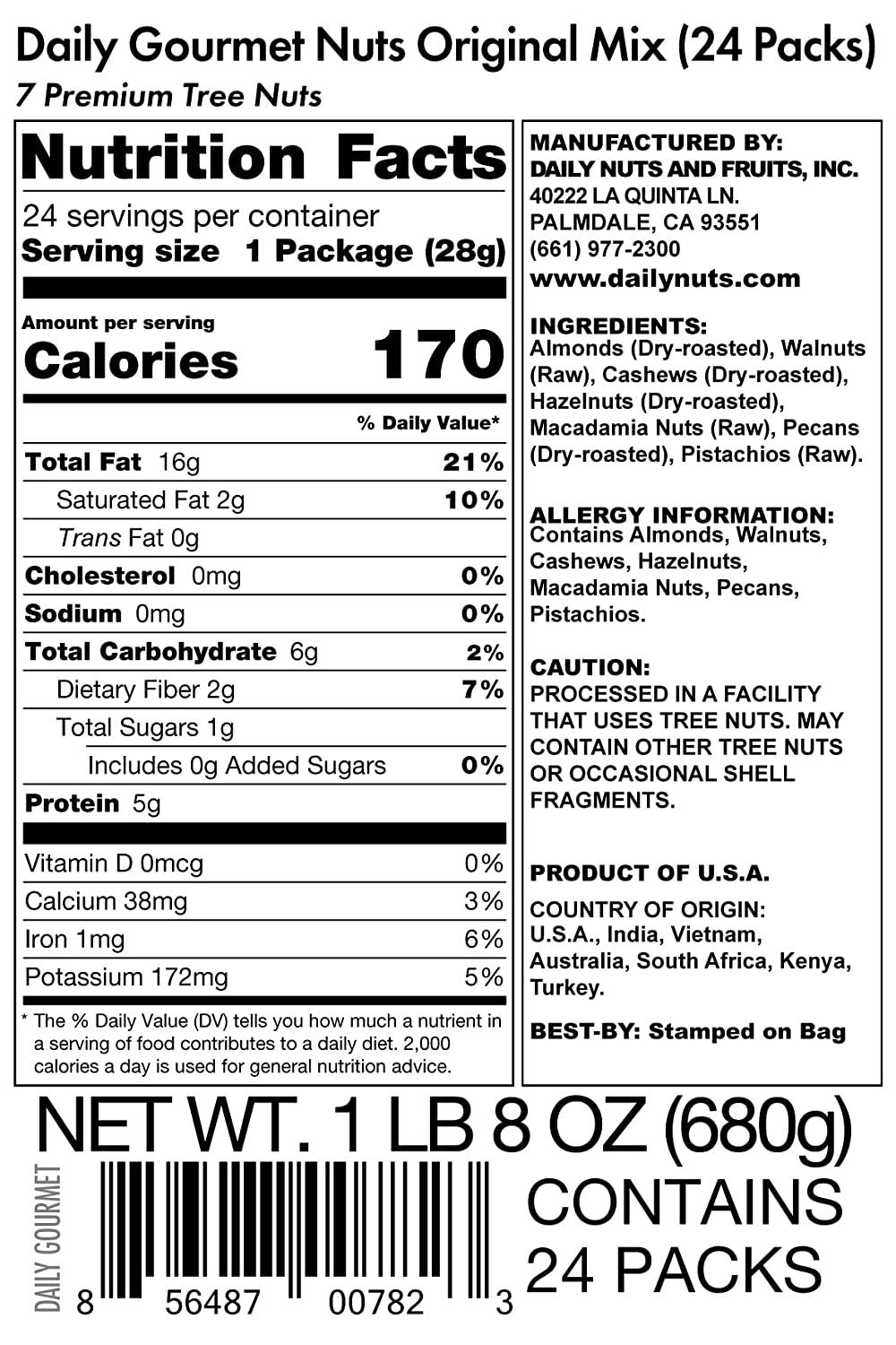 Daily Gourmet Nuts - Unsalted Mixed Nuts Snack Packs - 24 Individually ...