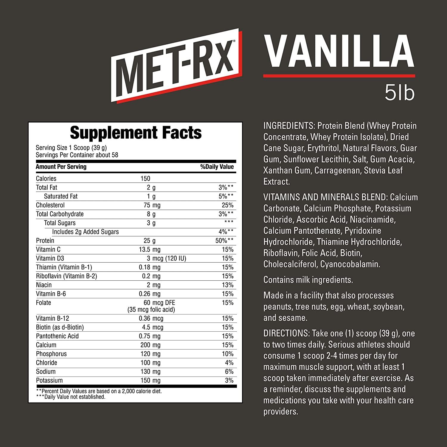 MET-Rx Natural Whey Protein Powder - Vanilla, 5 lb | 25g Protein, 5g ...