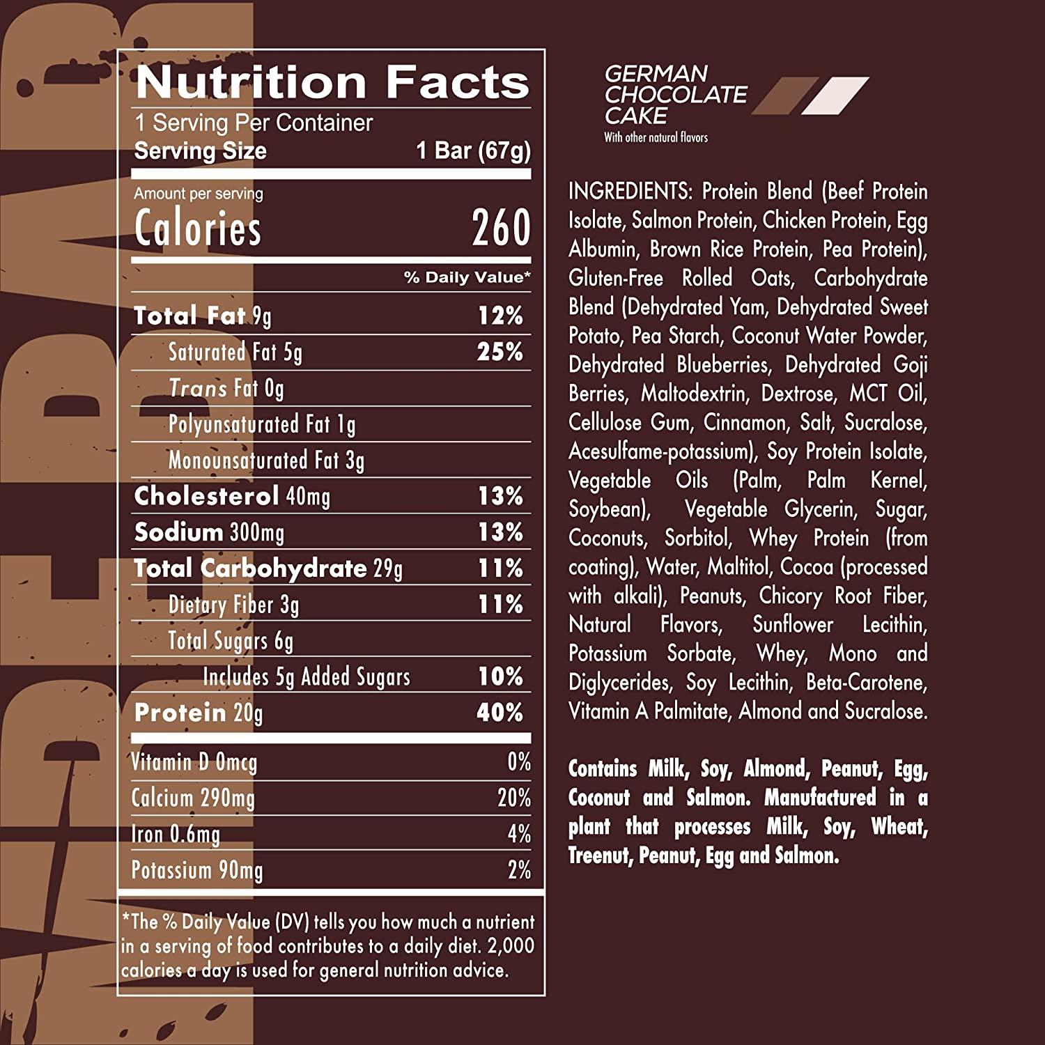 Redcon1 MRE Bar - German Chocolate Cake, 12 Bars - 20G Protein, Real ...