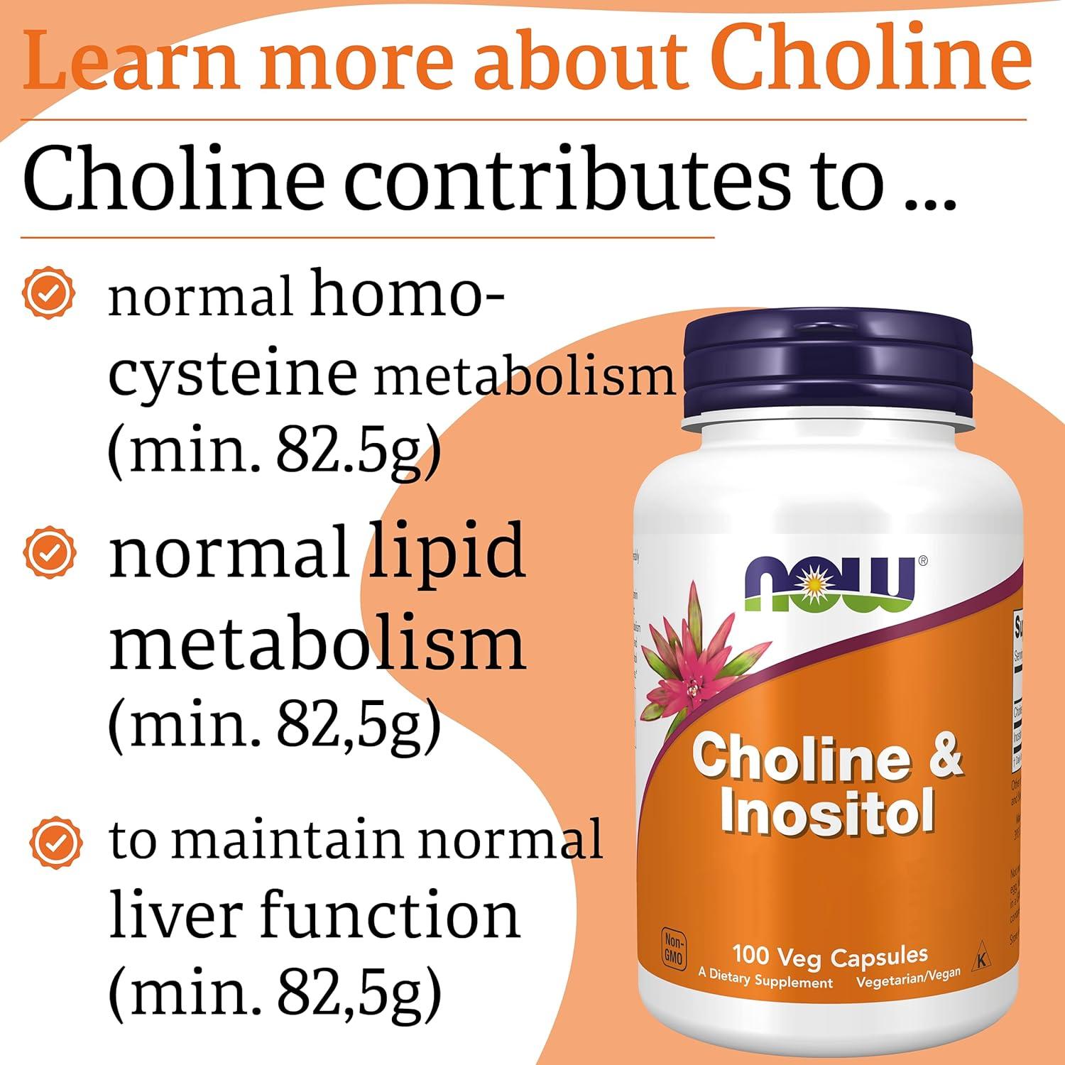 Now Foods Choline & Inositol 500mg - 100 Vegan Capsules | Lab-Tested ...