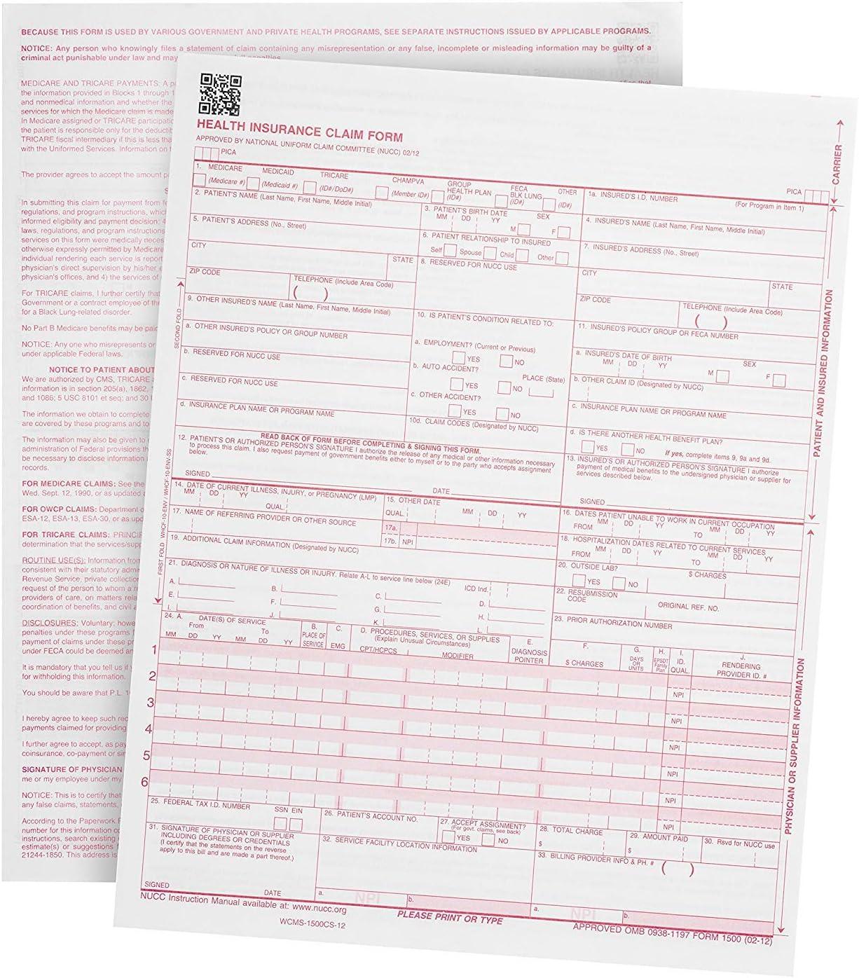 500 New HCFA CMS 1500 Claim Forms (Version 02/12) - Health Insurance Laser Cut Sheet | Buy Now ...