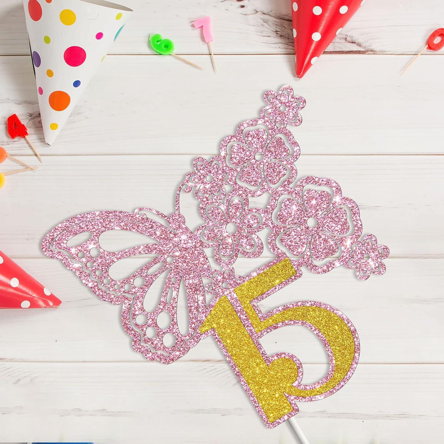Tenhaisi Pink & Gold 3D Butterfly Flower Sign 15 Cake Topper - Happy ...