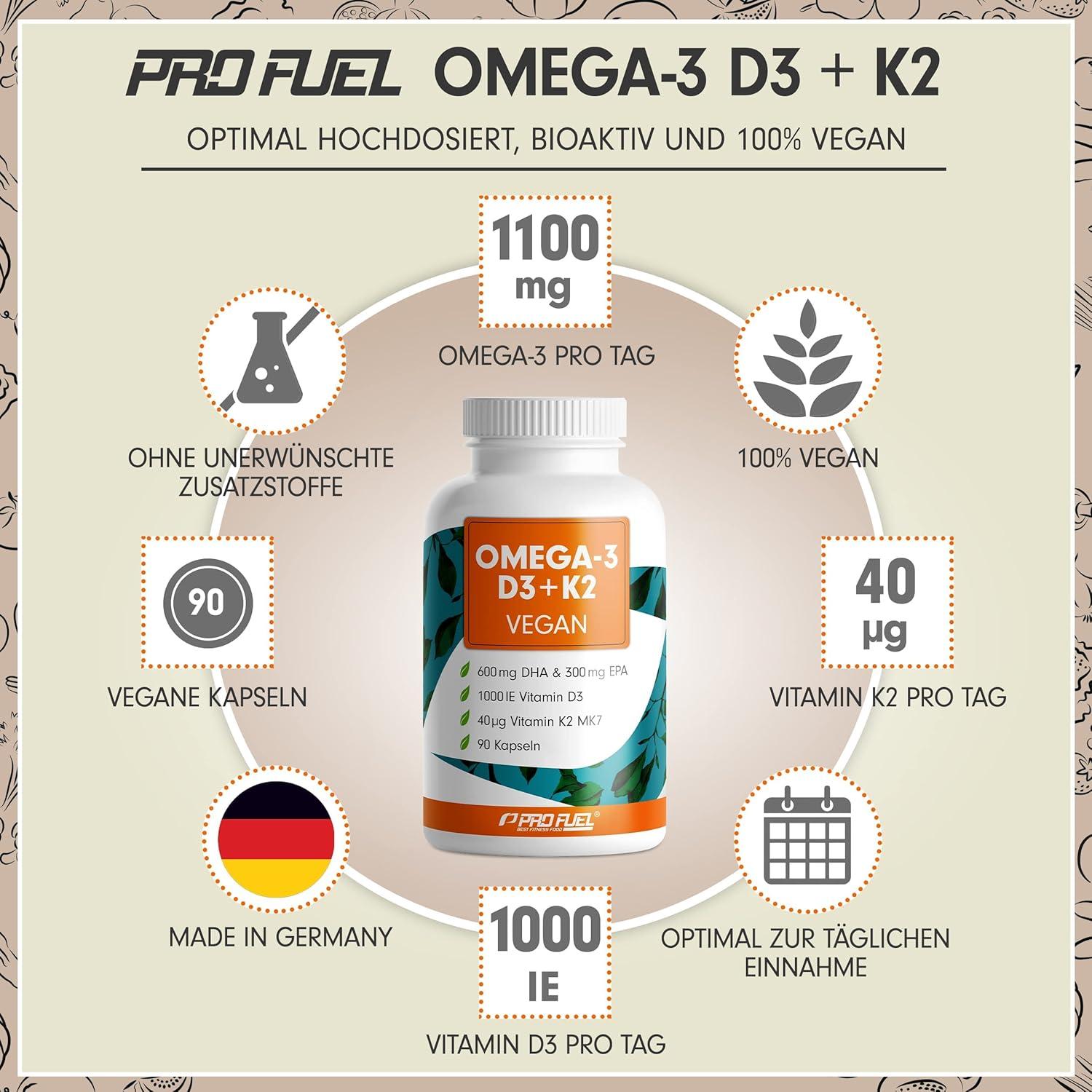 Omega-3 Vegan + D3 & K2 Capsules | 1100mg Algae Oil with DHA 600mg & EPA 300mg | High-Dose Omega ...