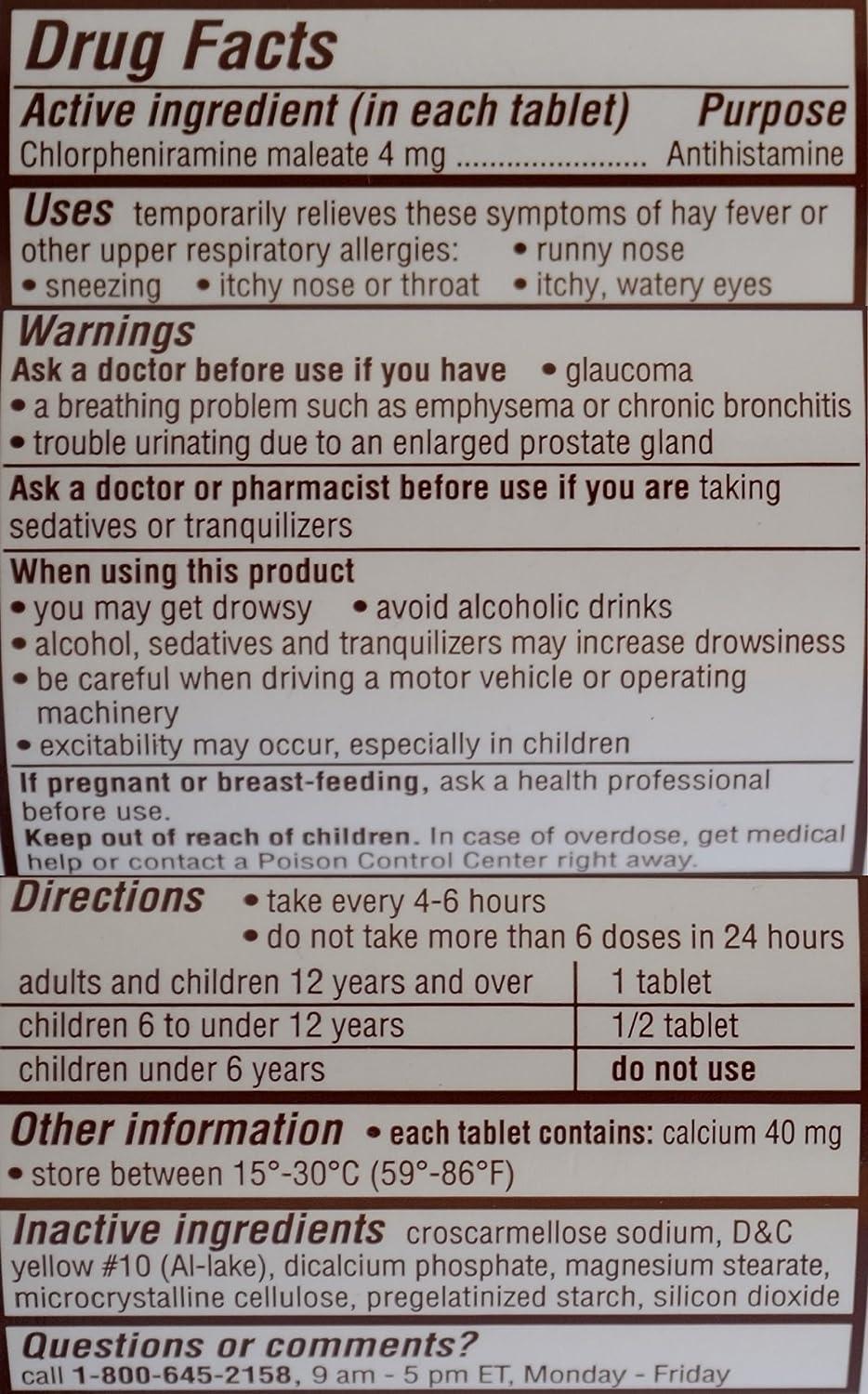 Chlorpheniramine Maleate 4mg Generic for Chlor-Trimeton Allergy 1000 ...