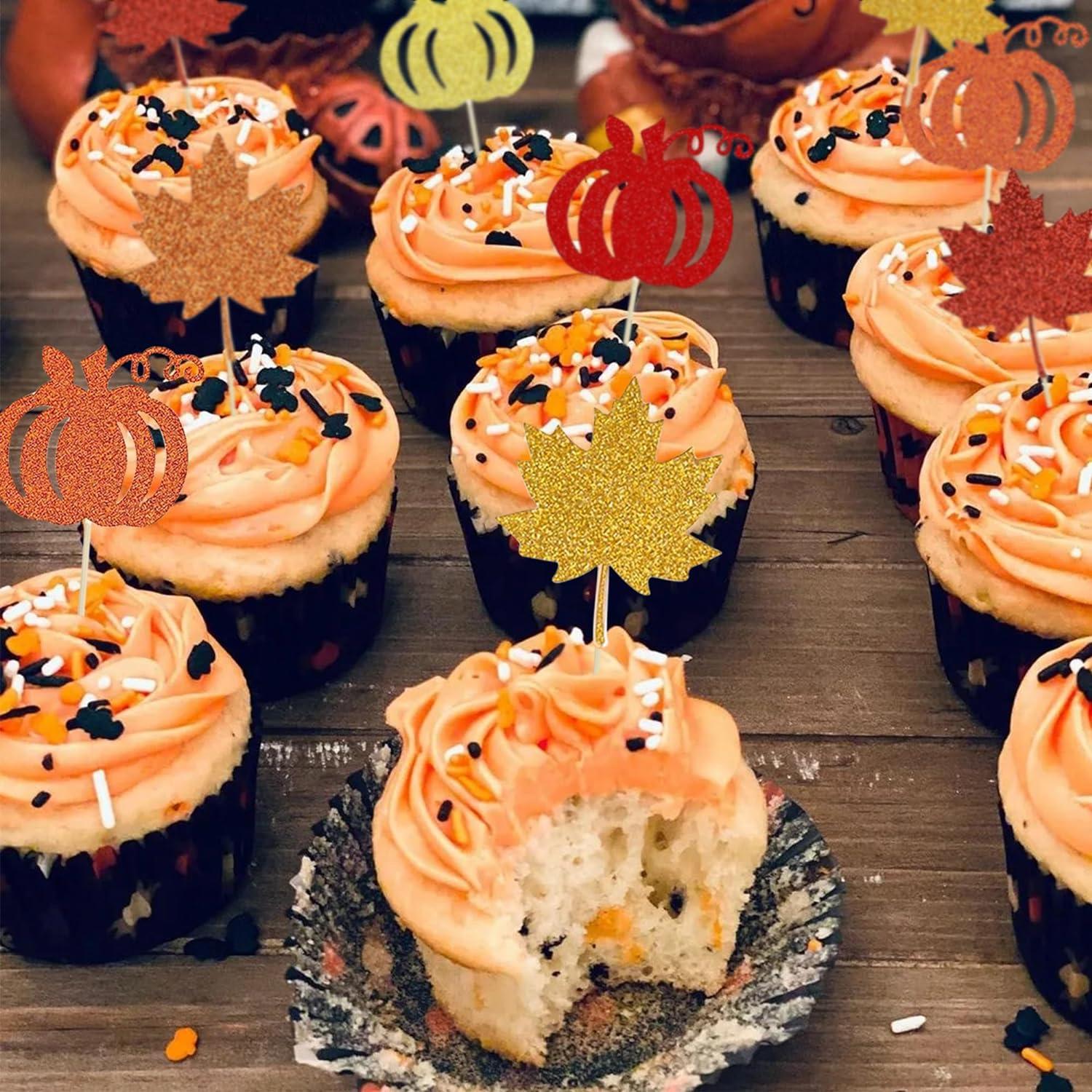 Festive Fall Cupcake Toppers Set - 18-Piece Glitter Maple Leaf and ...