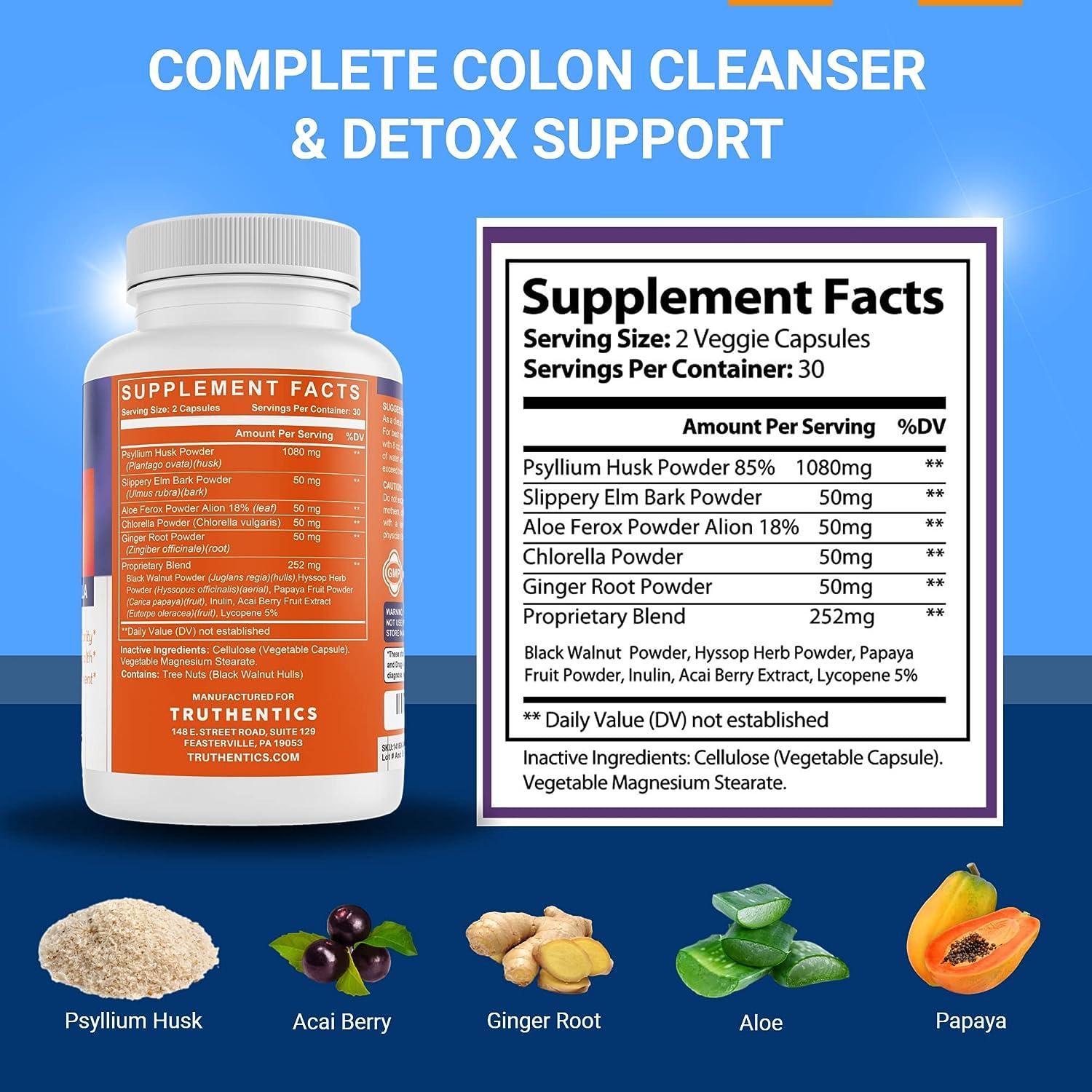 TRUTHENTICS ELIMINAID Colon Cleanse Supplement with Psyllium Husk - 60 ...