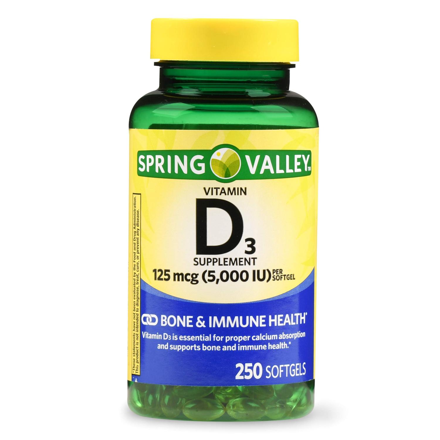 Spring Valley Vitamin D3 5000 IU Softgels - 250 Count Bottle, Pack of 1 ...