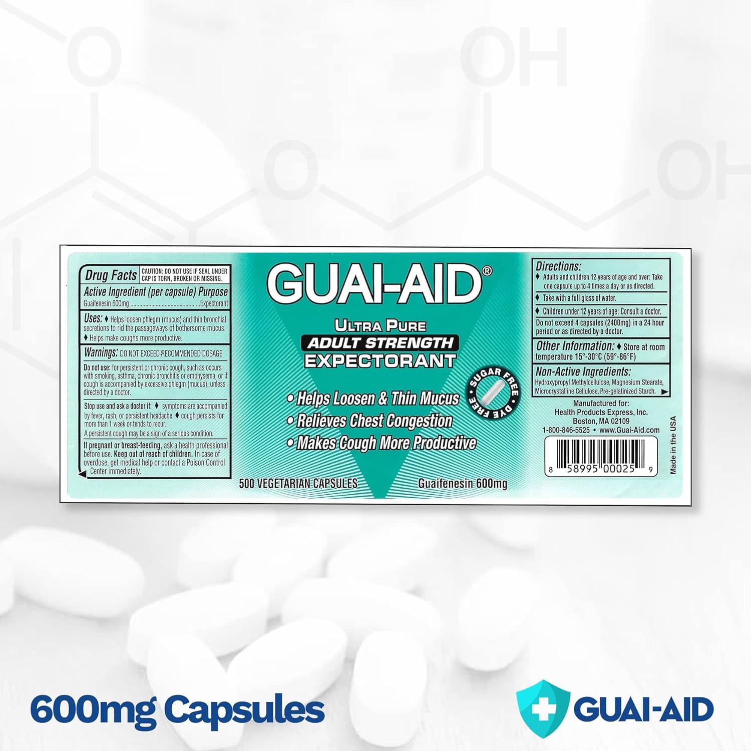 GUAI-AID 600mg Ultra-Pure Guaifenesin Veg. Capsules - Mucus Relief (100 ...