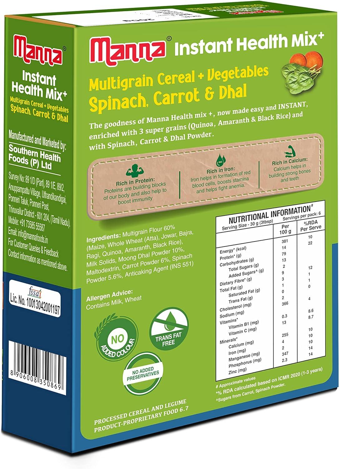 Manna Health Mix Instant 200g Spinach Carrot Dal with Milk Travel ...