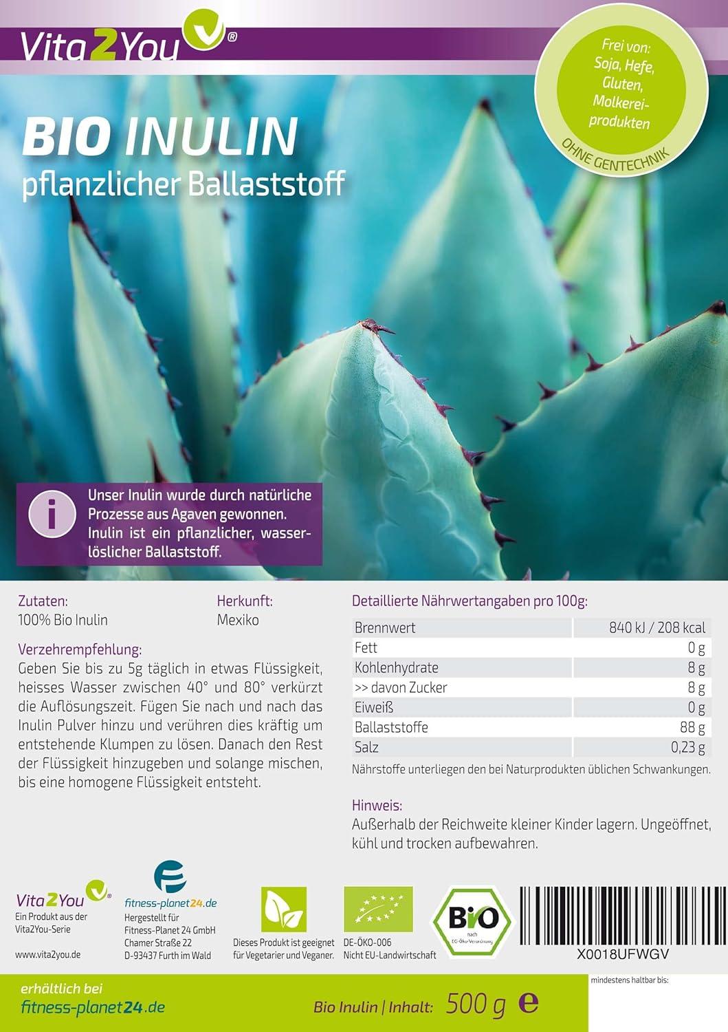 Vita2you Organic Inulin Powder 500g - Premium Gluten-Free Prebiotic ...