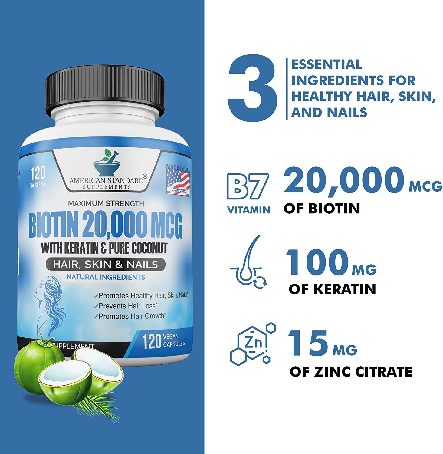Biotin 20,000mcg with Keratin, Organic Coconut & Zinc | Hair Growth ...