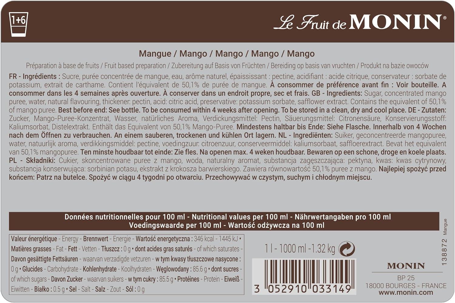 MONIN Mango Fruit Mix Puree 1L - Vegan & Allergen-Free for Cocktails ...