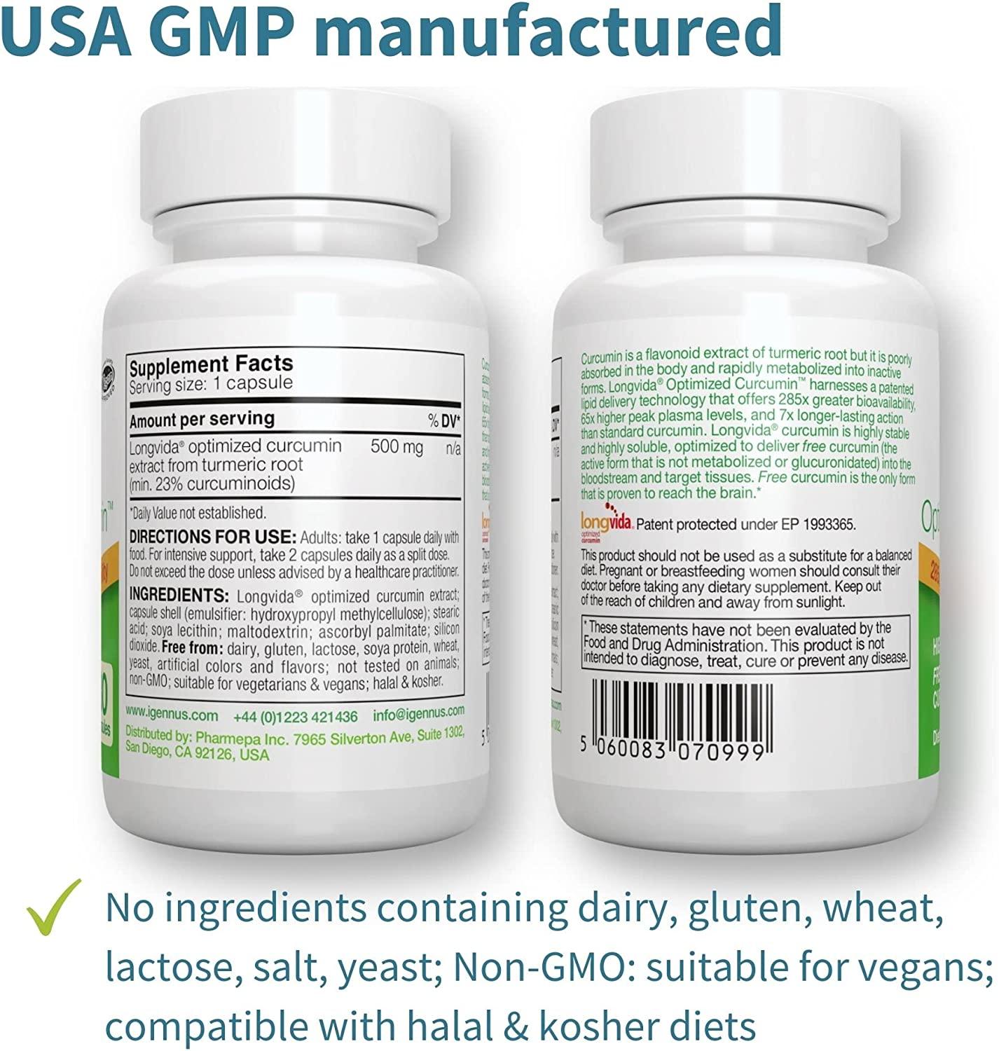 Longvida Optimized Curcumin 500mg - Ultra Bioavailable, Vegan, 30 Capsules