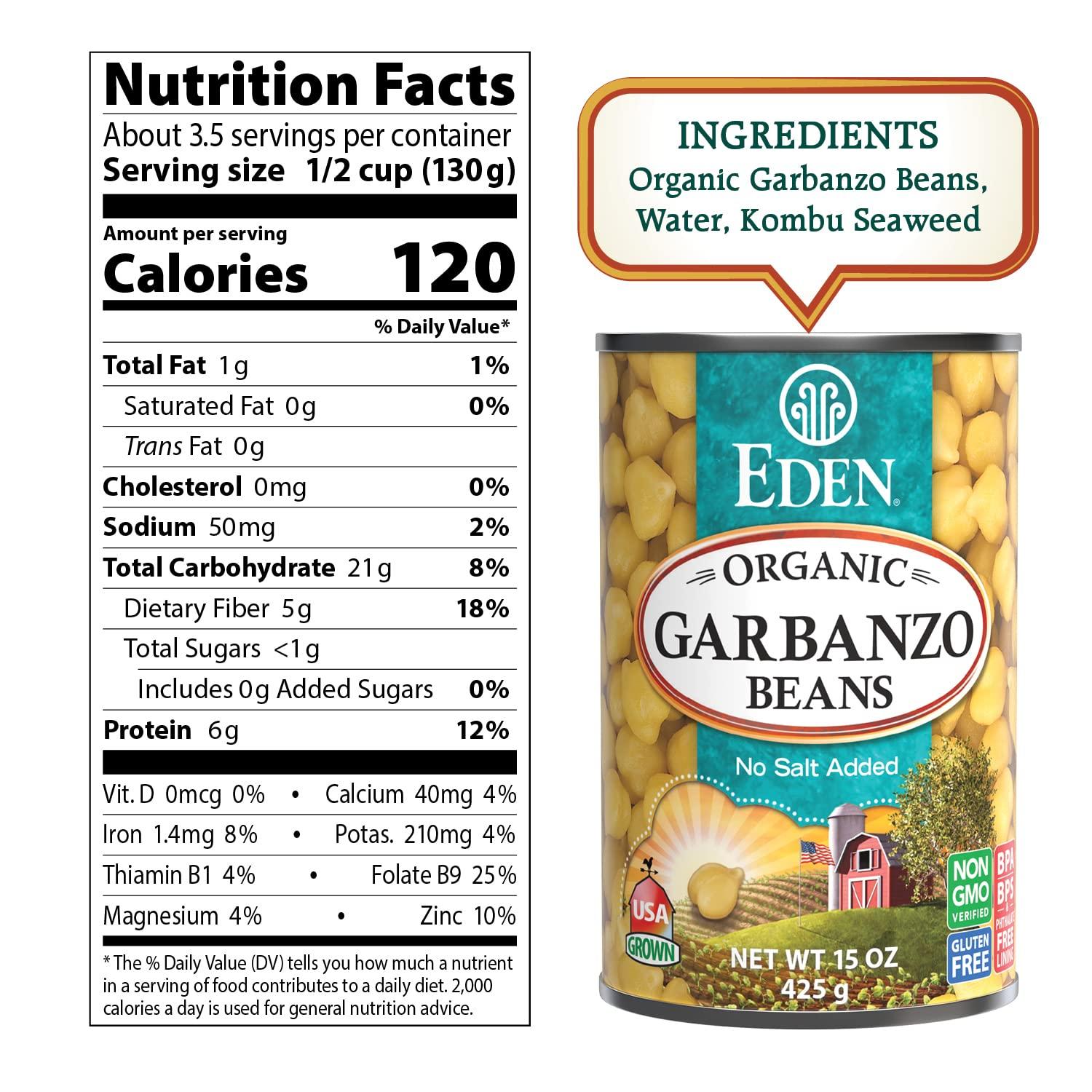 Eden Organic Garbanzo Beans 15 oz Can (12-Pack Case) | Non-GMO, Gluten ...